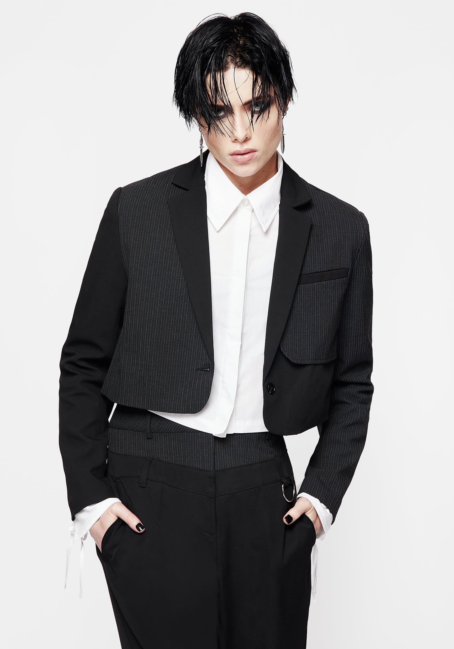 Memoriam Spliced Pinstripe Crop Blazer Disturbia Memoriam Spliced Pinstripe Crop Blazer Disturbia