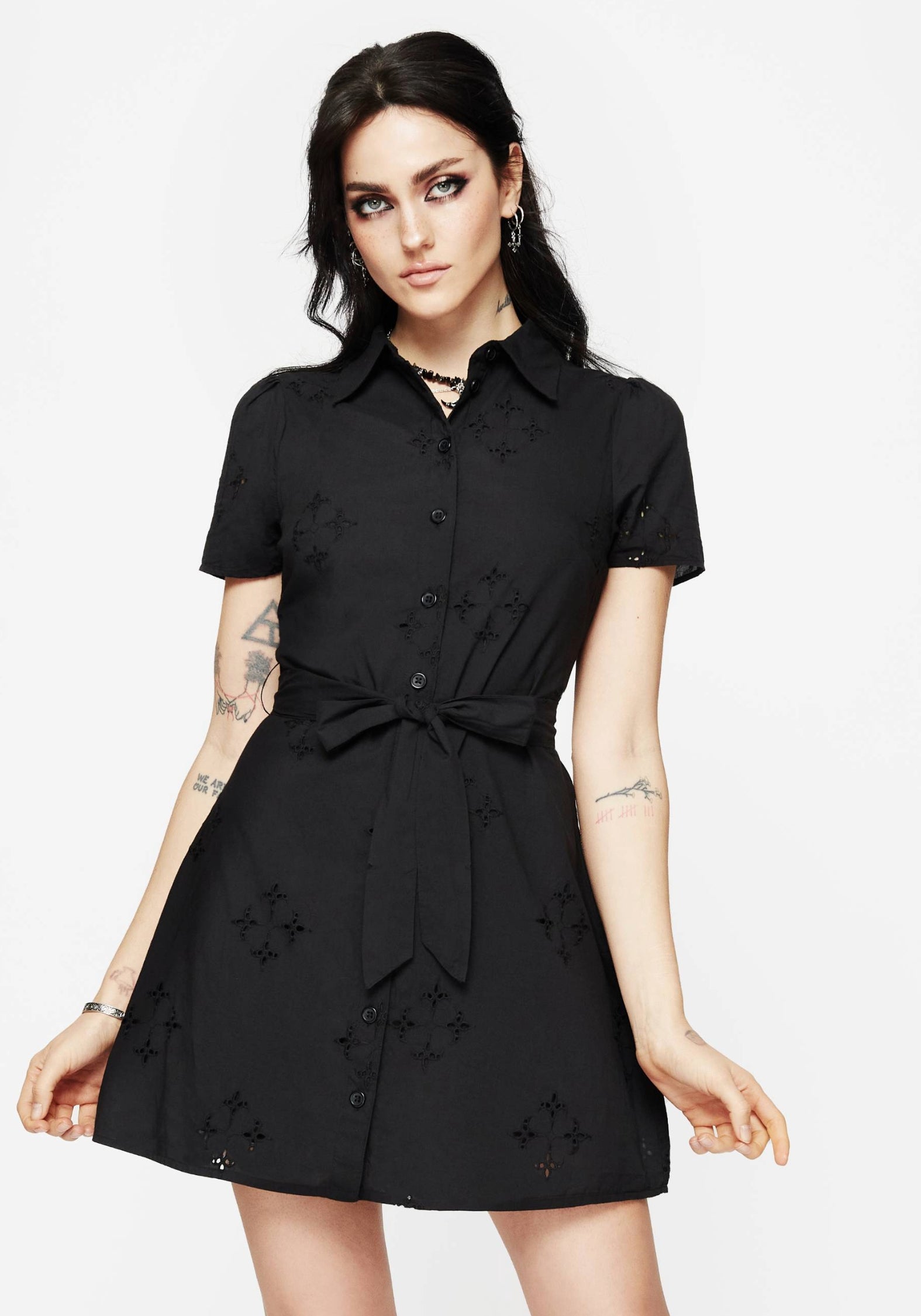 Disturbia | Crux Broderie Cotton Belted Mini Shirt Dress | Dresses