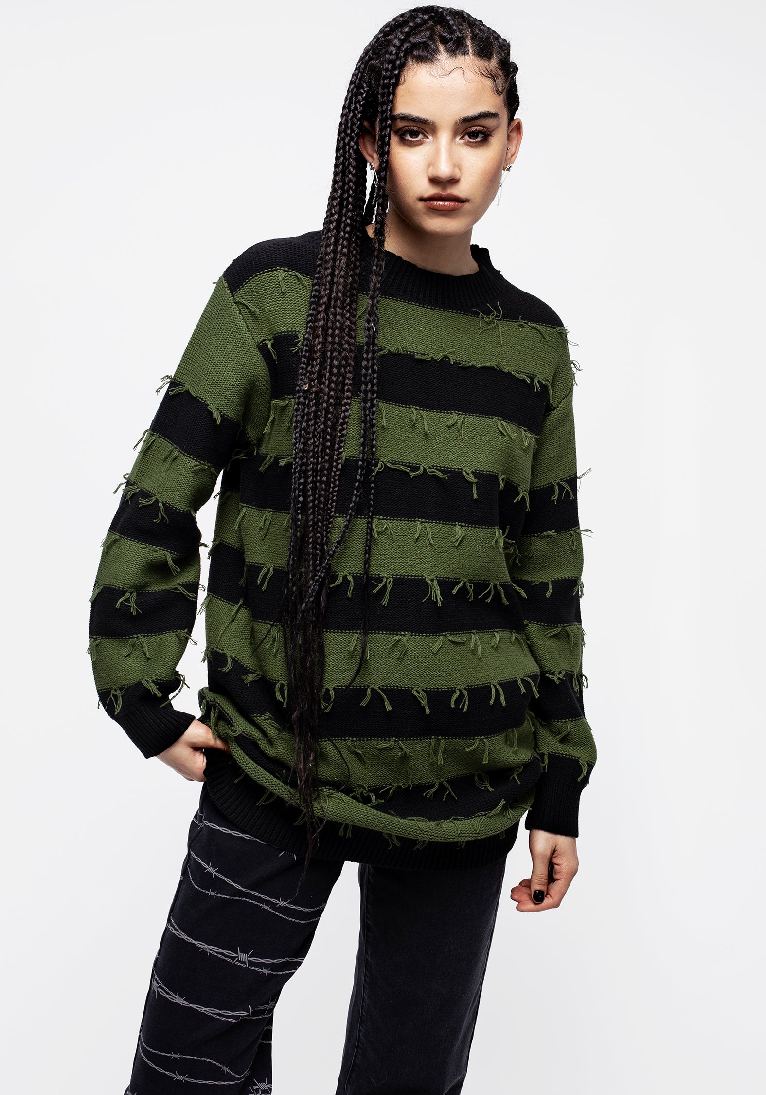 Disturbia | Nancy Stripe Oversized Jumper - Green and Black | Jumpers