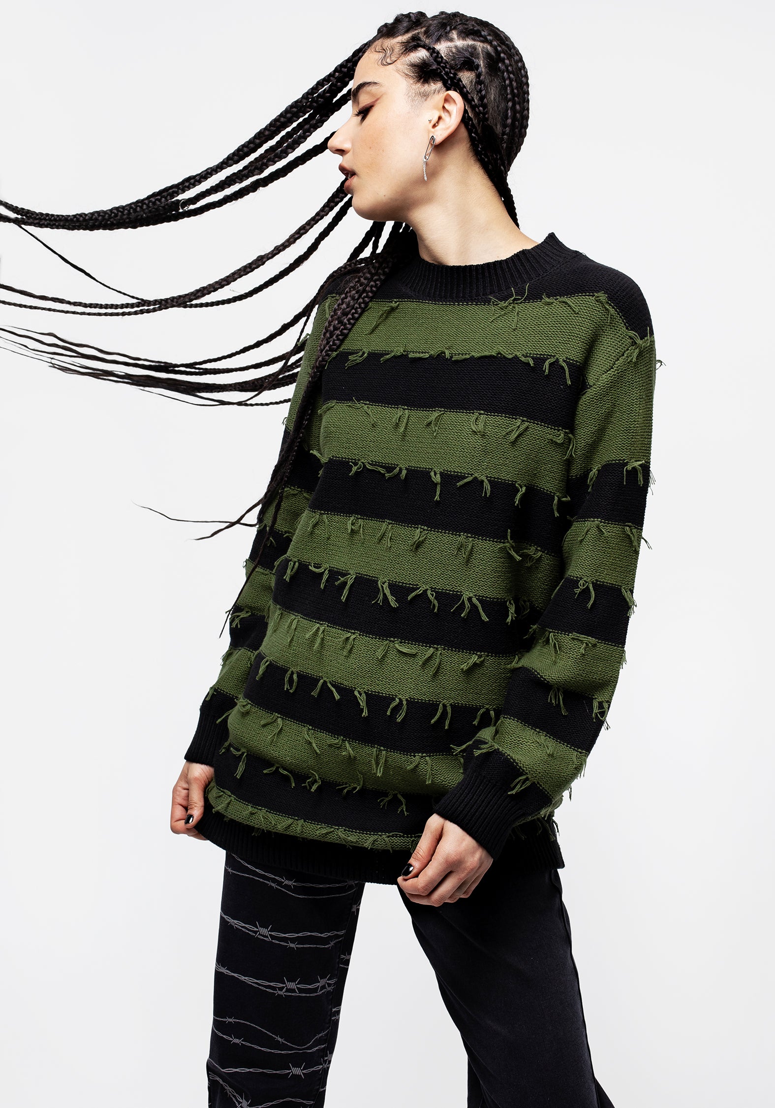 Disturbia | Nancy Stripe Oversized Jumper - Green and Black | Jumpers