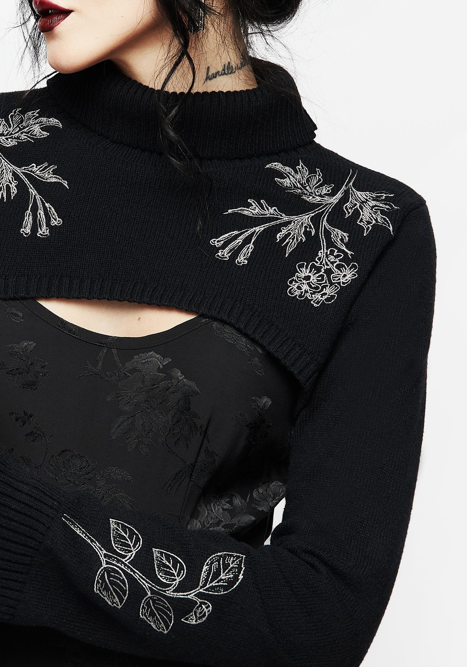 Disturbia | Amalthea Embroidered Roll Neck Extreme Crop Jumper | Jumpers