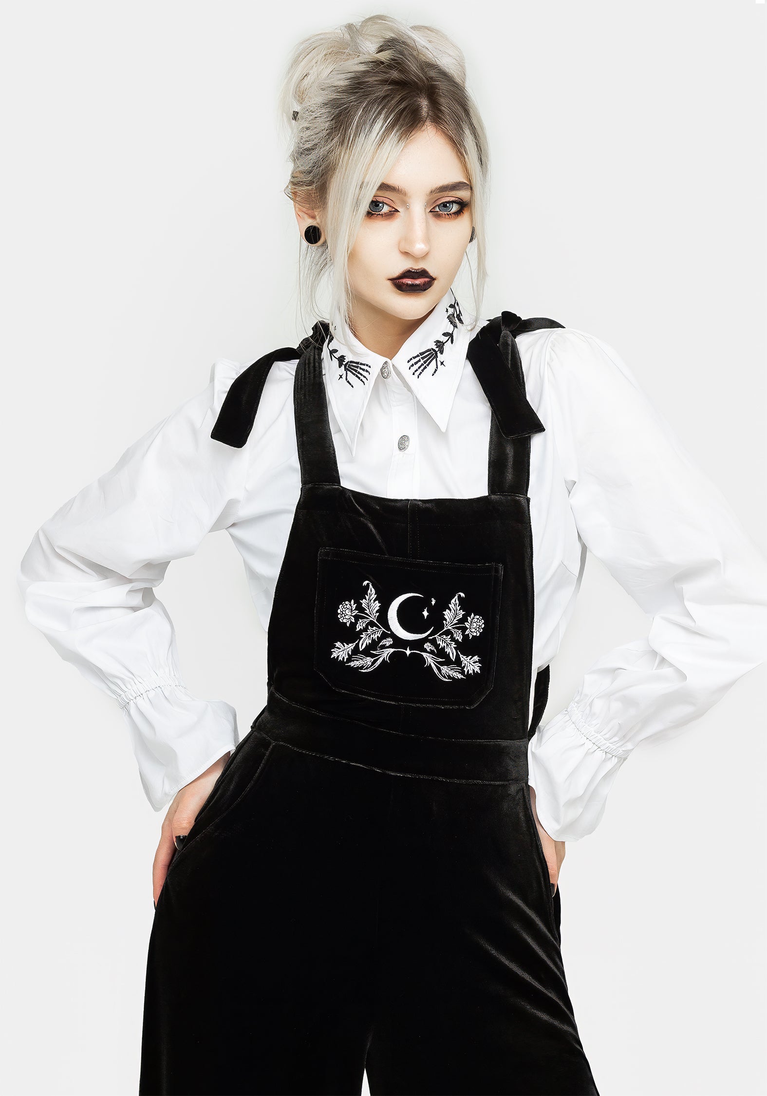 Disturbia | Aradia Embroidered Velour Wide Leg Dungarees | Dungarees