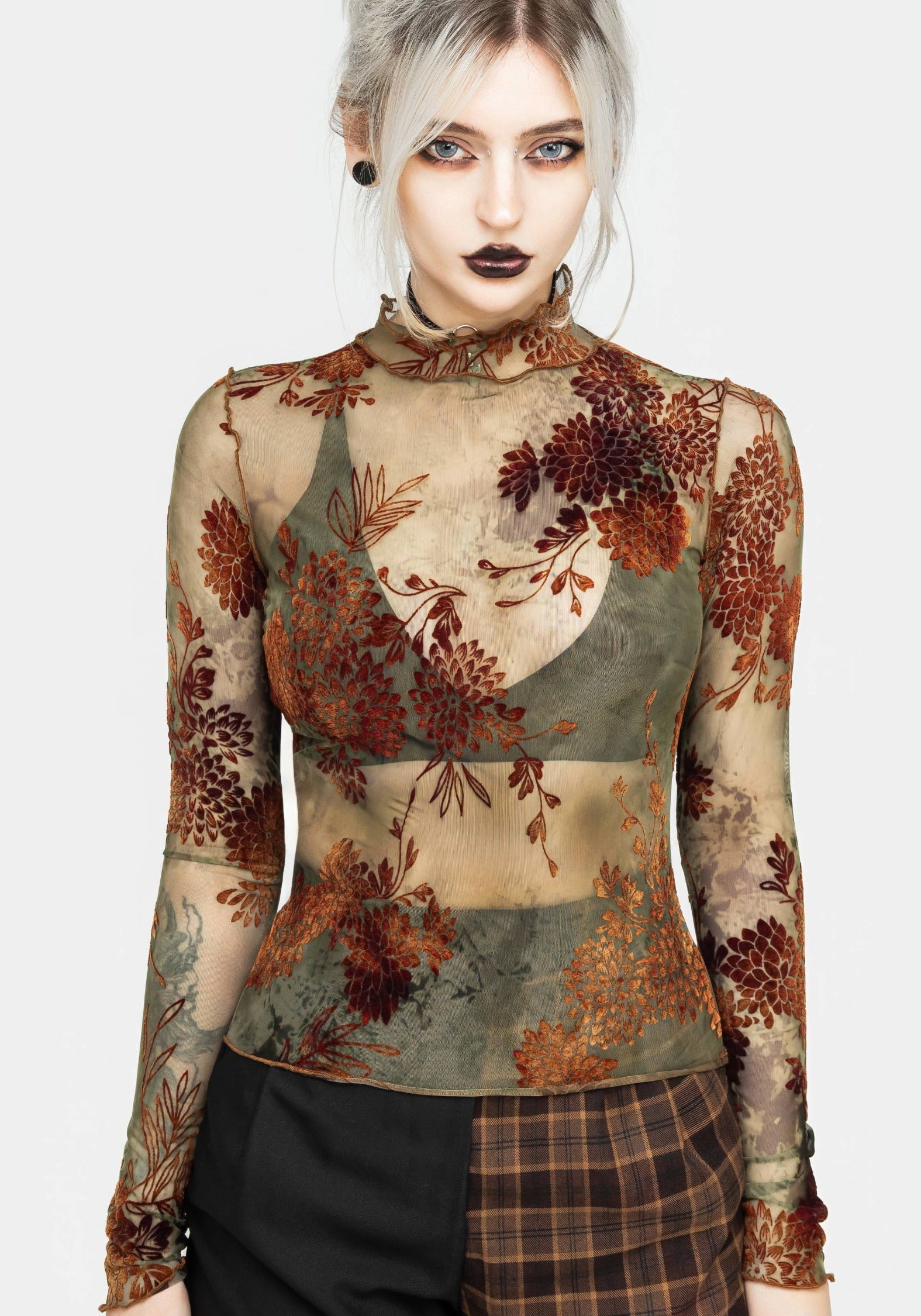 Disturbia | Rosaleigh Flock Velour Mesh Long Sleeve Top | Tops
