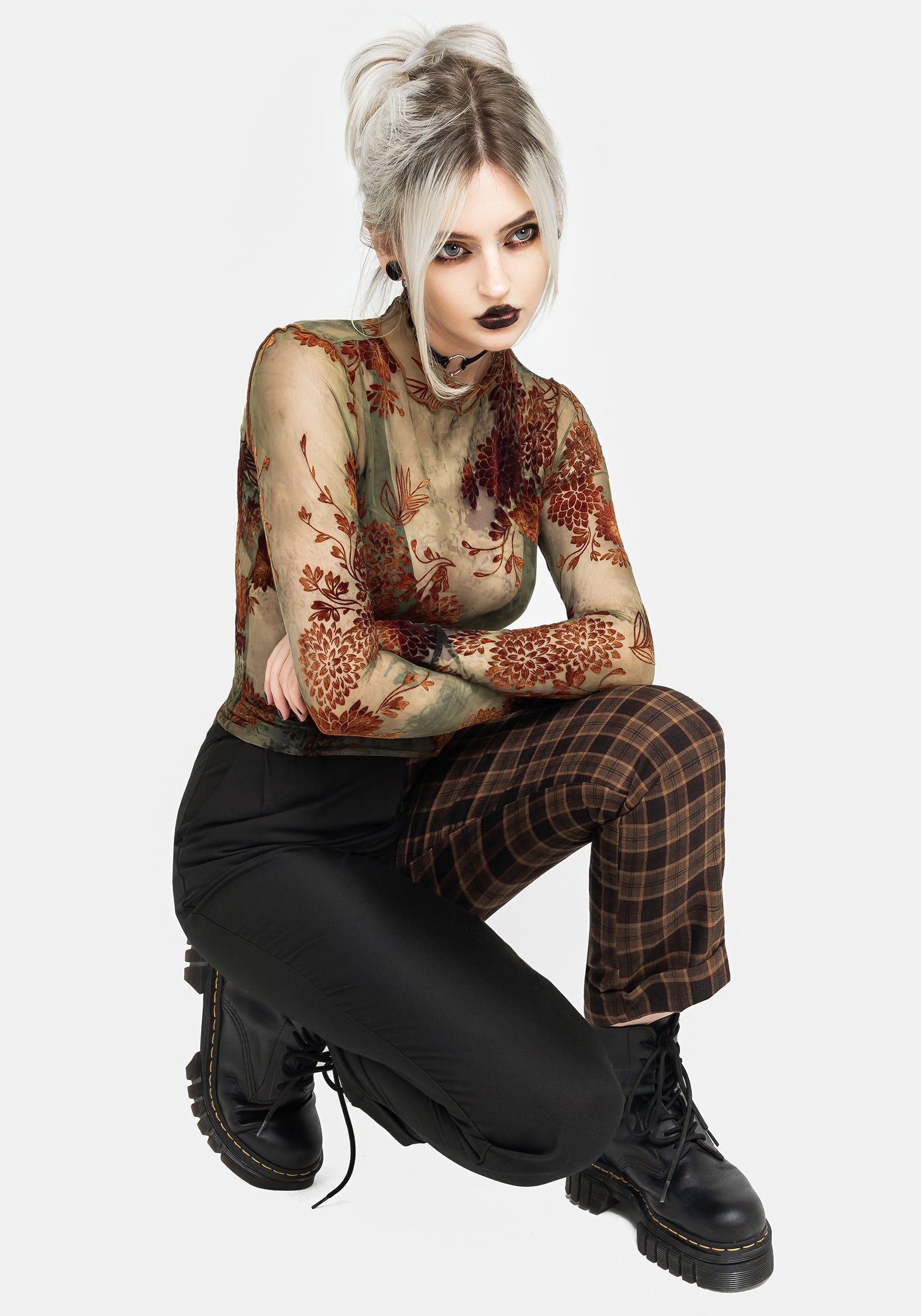 Disturbia | Rosaleigh Flock Velour Mesh Long Sleeve Top | Tops