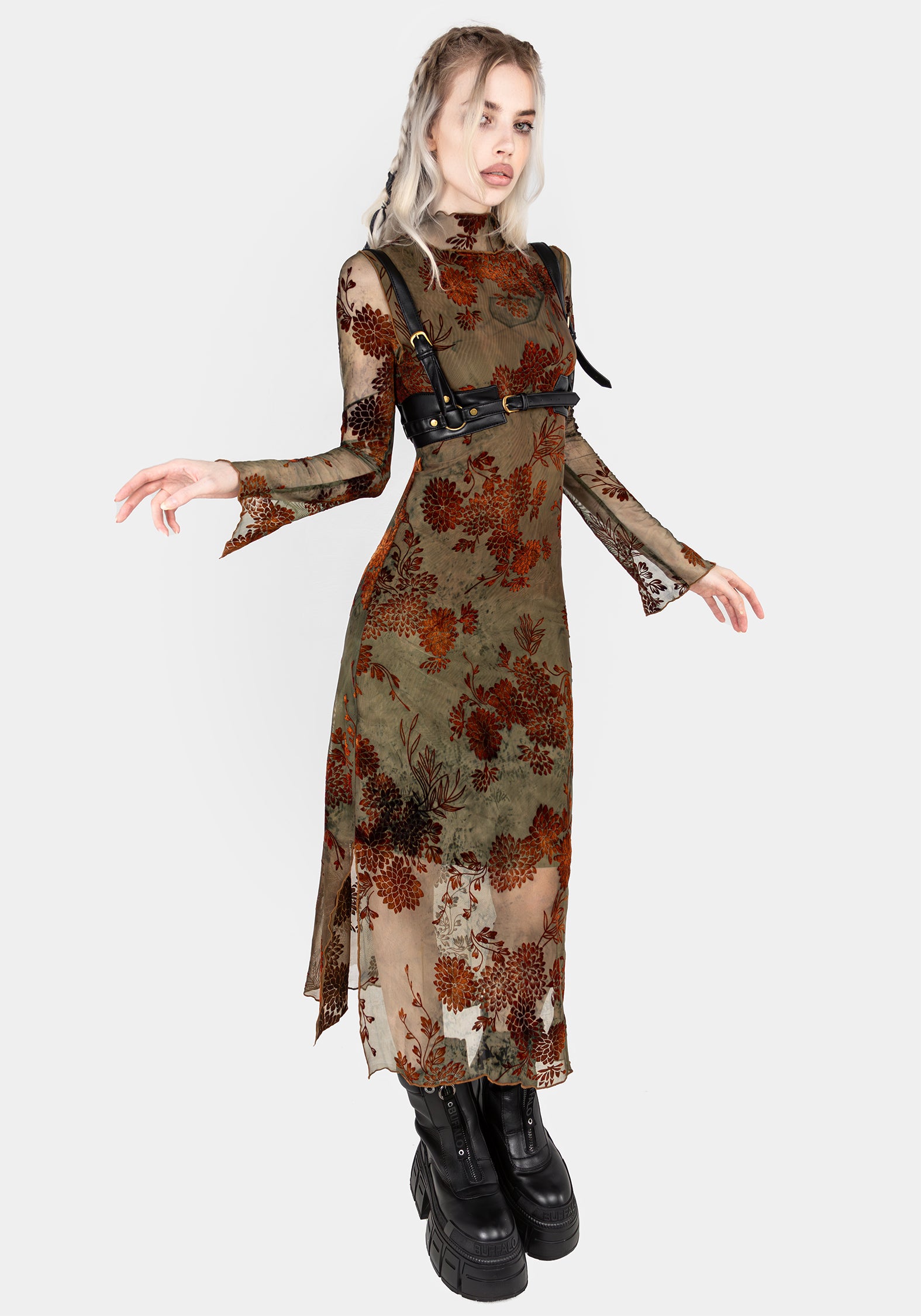 Disturbia | Rosaleigh Flock Velour Mesh Midaxi Dress | Dresses