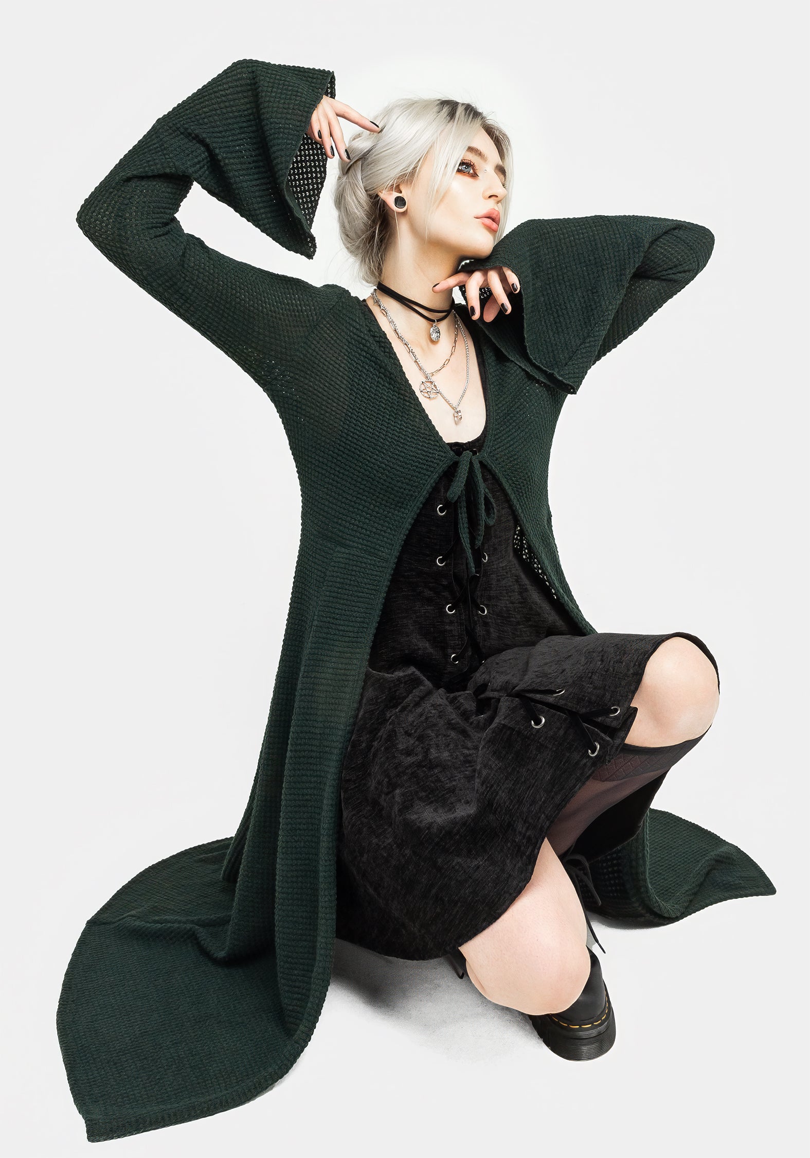 Disturbia | Xana Textured Tie Front Long Cardigan - Green | Cardigans