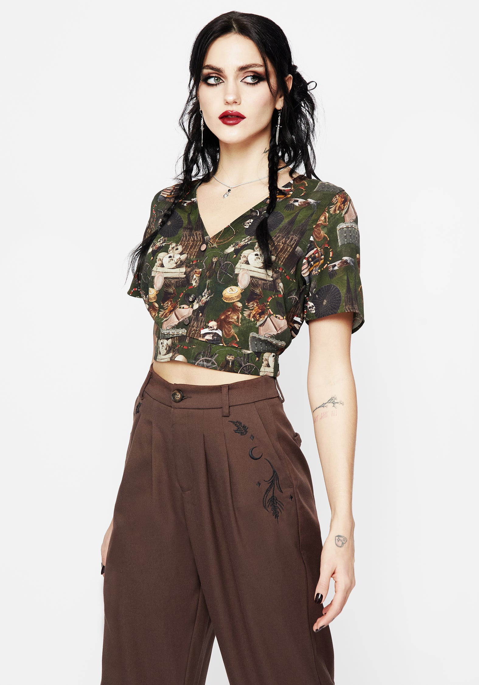 Disturbia | Maleficium Printed Button Up Crop Top | Tops