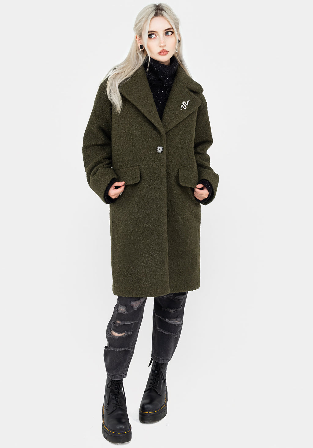 Disturbia | Gorgon Bouclé Oversized Coat with Snake Brooch - Green | Coats