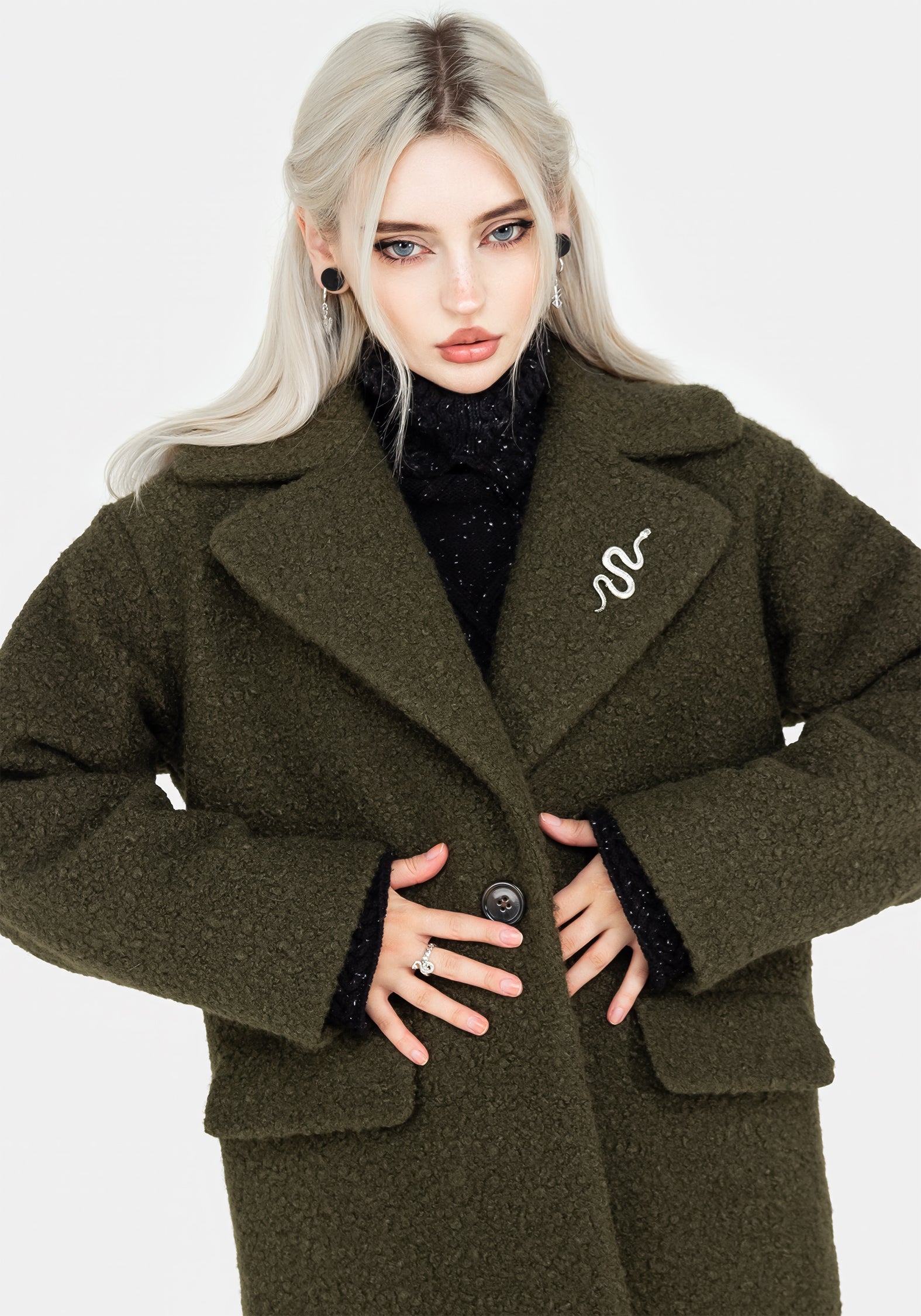 Disturbia | Gorgon Bouclé Oversized Coat with Snake Brooch - Green | Coats