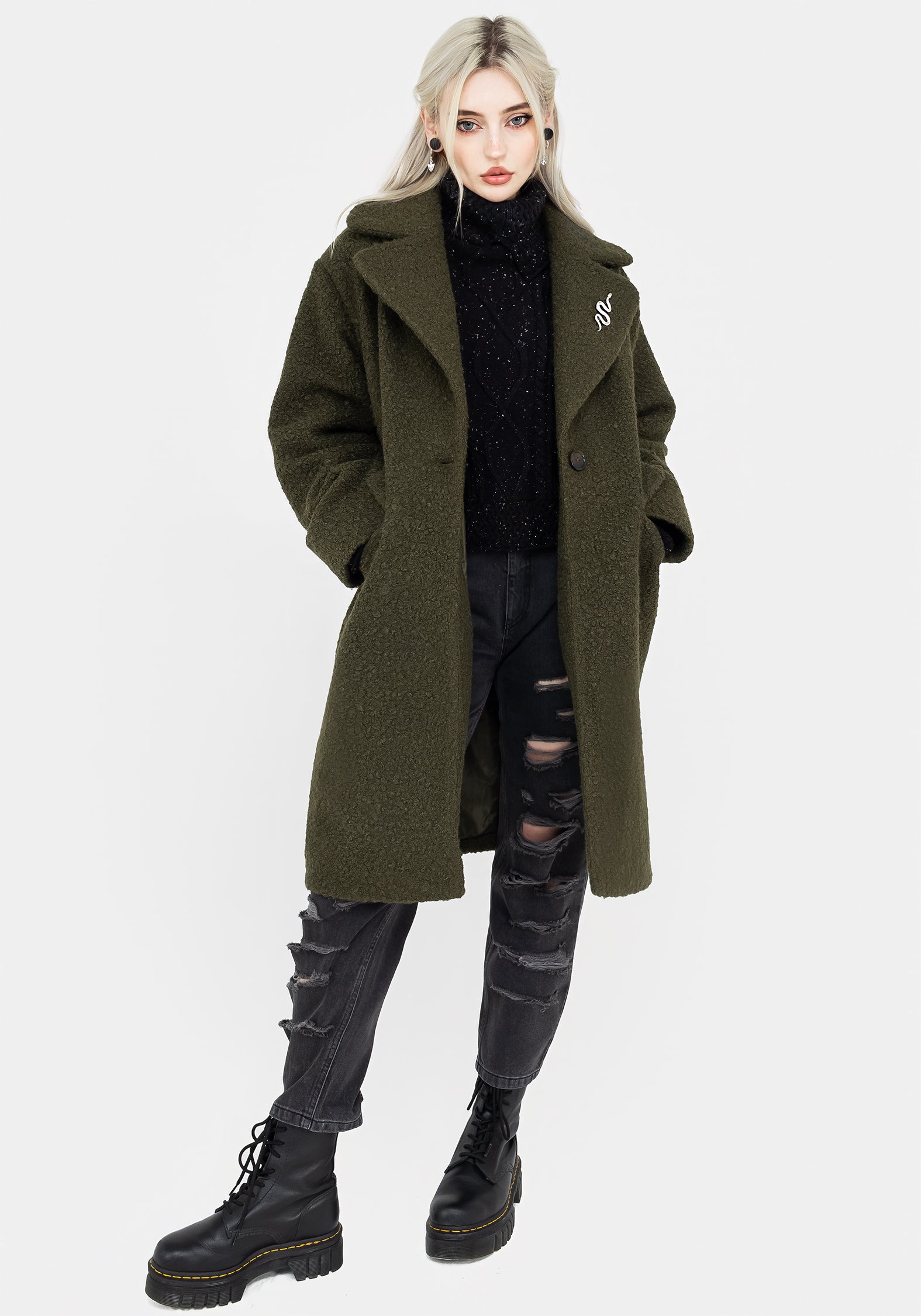 Disturbia | Gorgon Bouclé Oversized Coat with Snake Brooch - Green | Coats