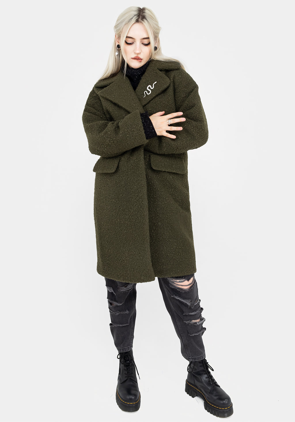 Disturbia | Gorgon Bouclé Oversized Coat with Snake Brooch - Green | Coats