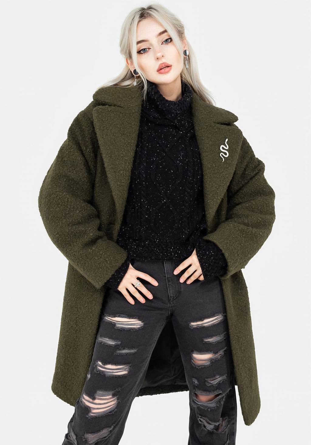 Disturbia | Gorgon Bouclé Oversized Coat with Snake Brooch - Green | Coats