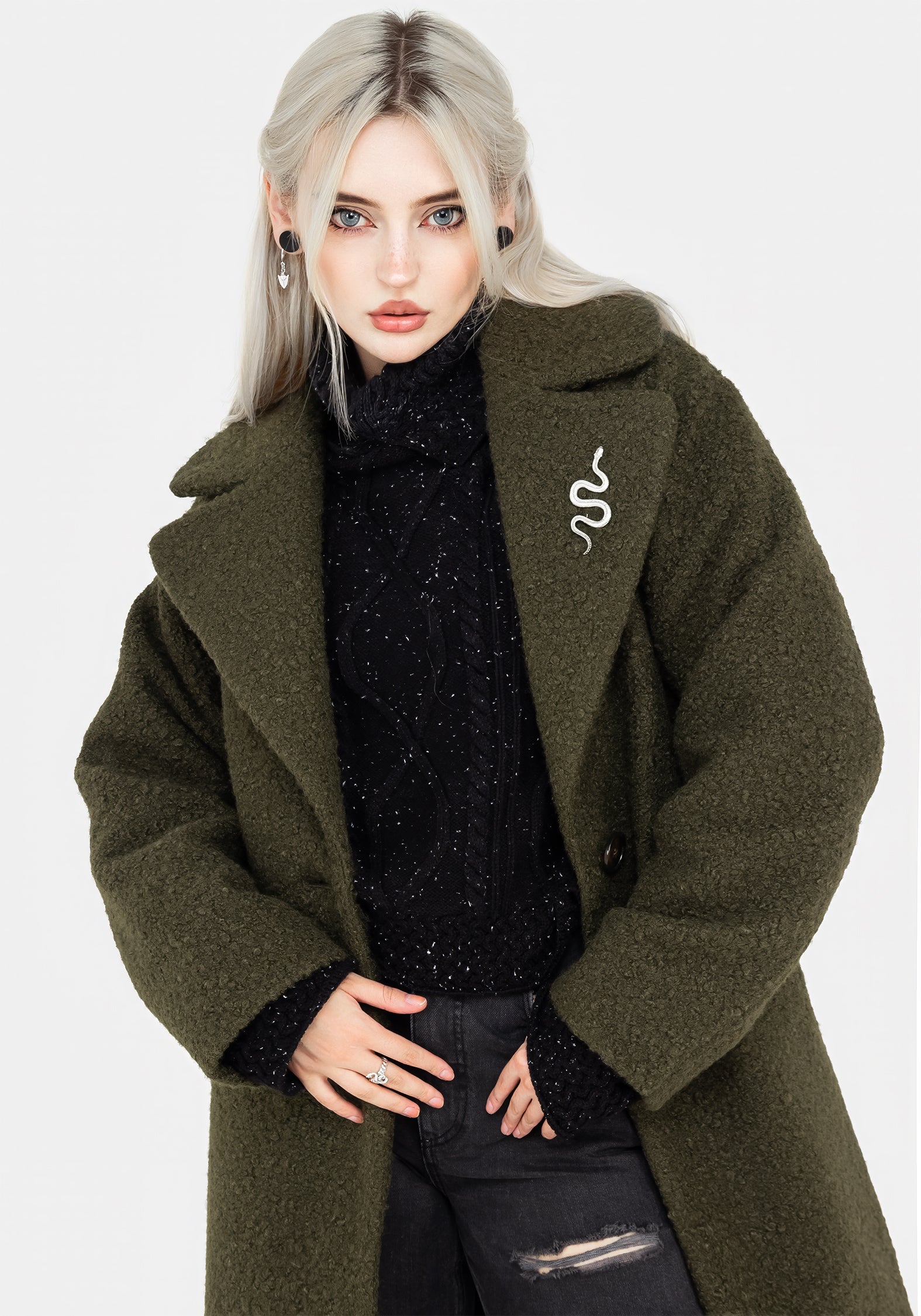 Disturbia | Gorgon Bouclé Oversized Coat with Snake Brooch - Green | Coats