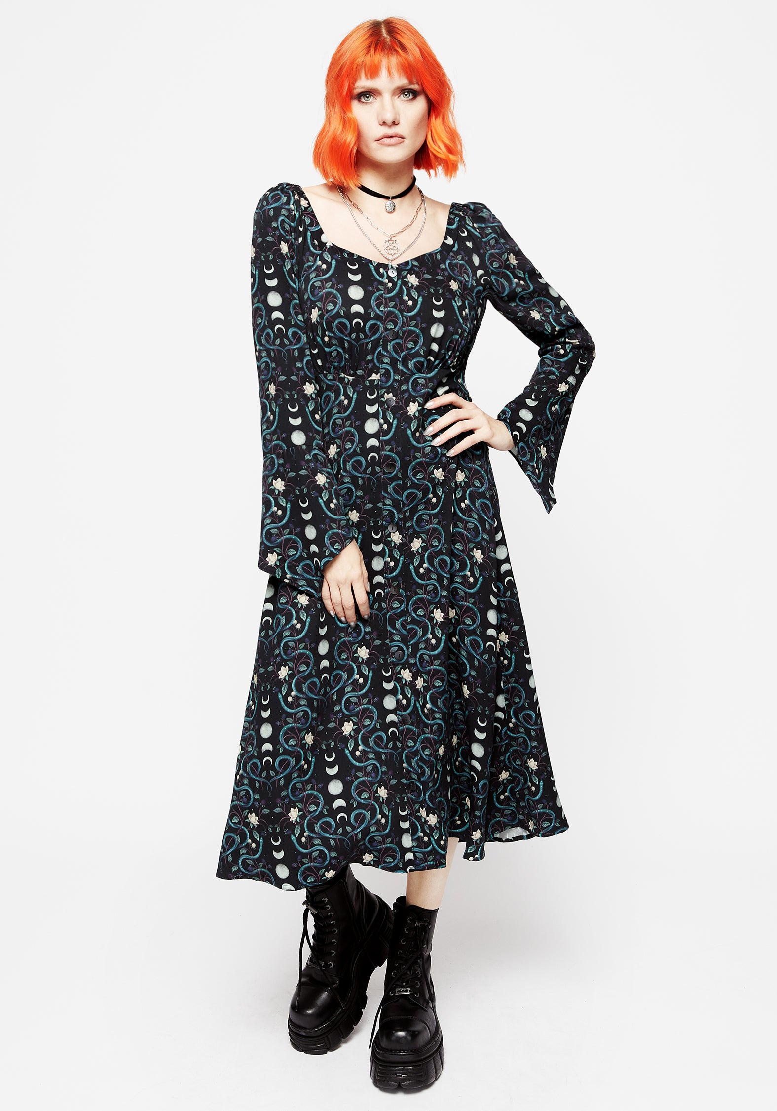 Disturbia | Pythia Print Flute Sleeve Midi Dress | Dresses