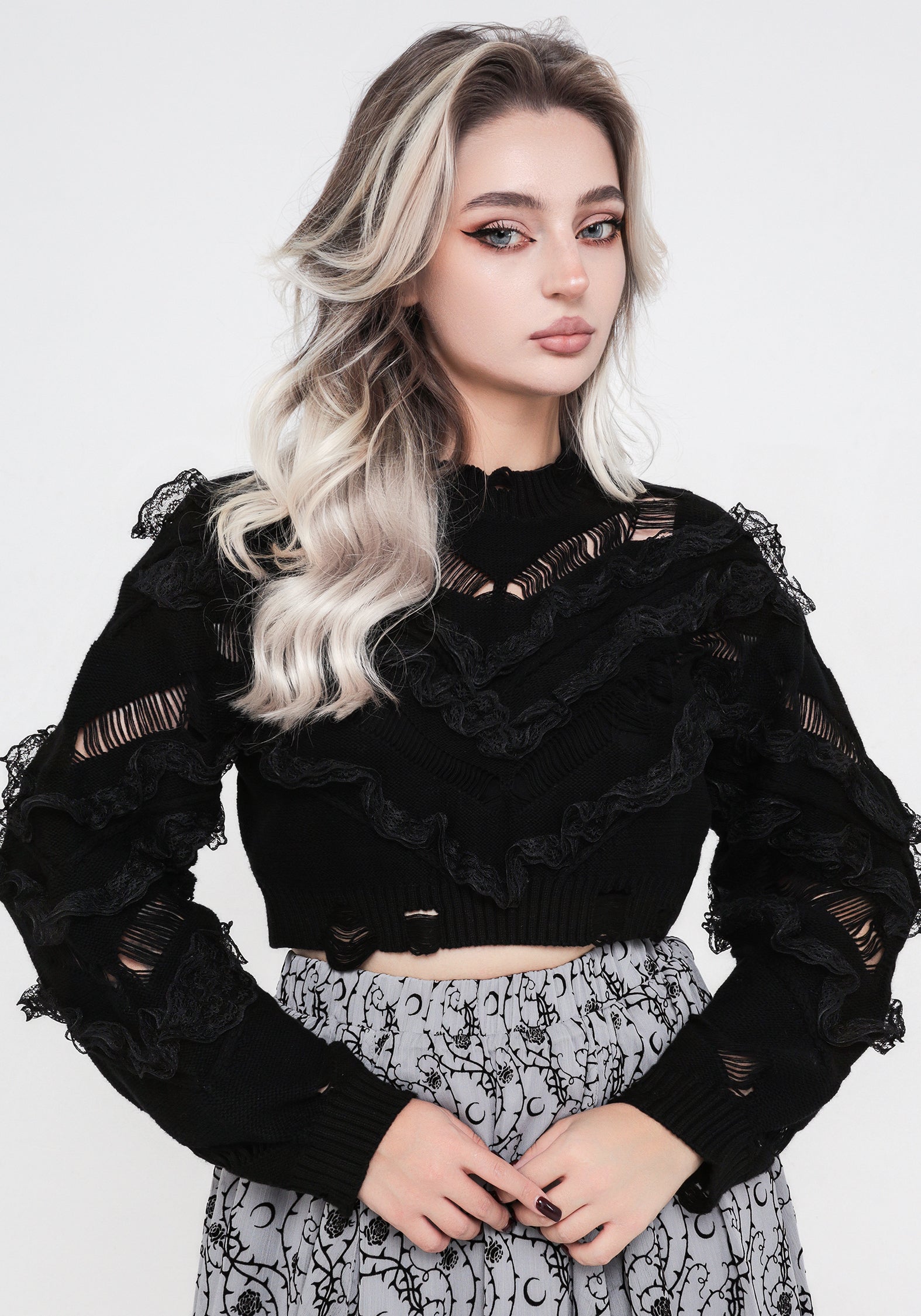 Disturbia | Volla Lace Ruffle Distressed Knit Crop Jumper | Jumpers