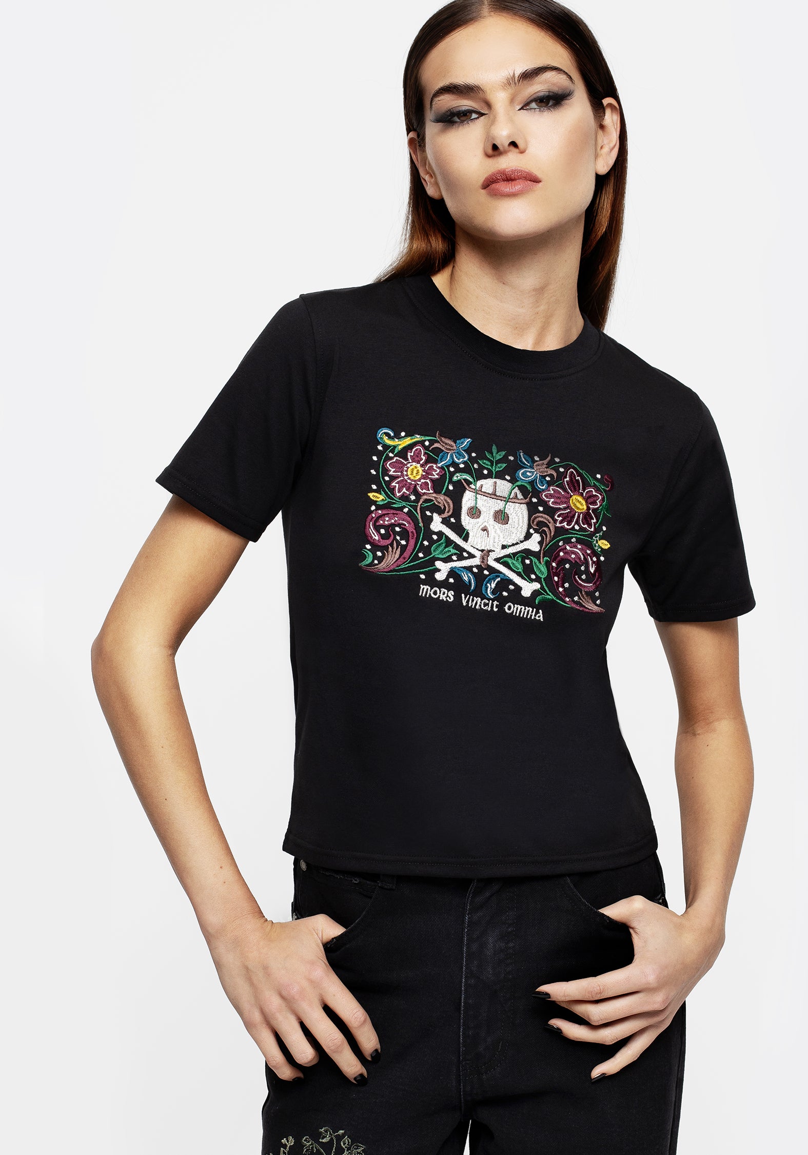 Disturbia | Death Conquers All Floral Skull Embroidered Graphic Crop ...