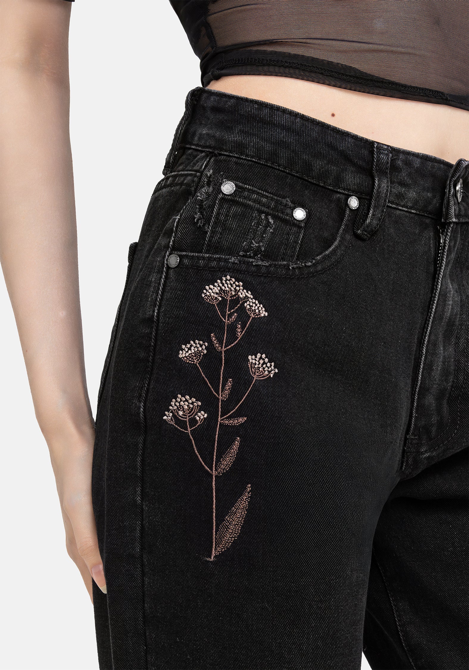 Disturbia | Griffinfly Embroidered Distressed Denim Mom Jeans | Jeans