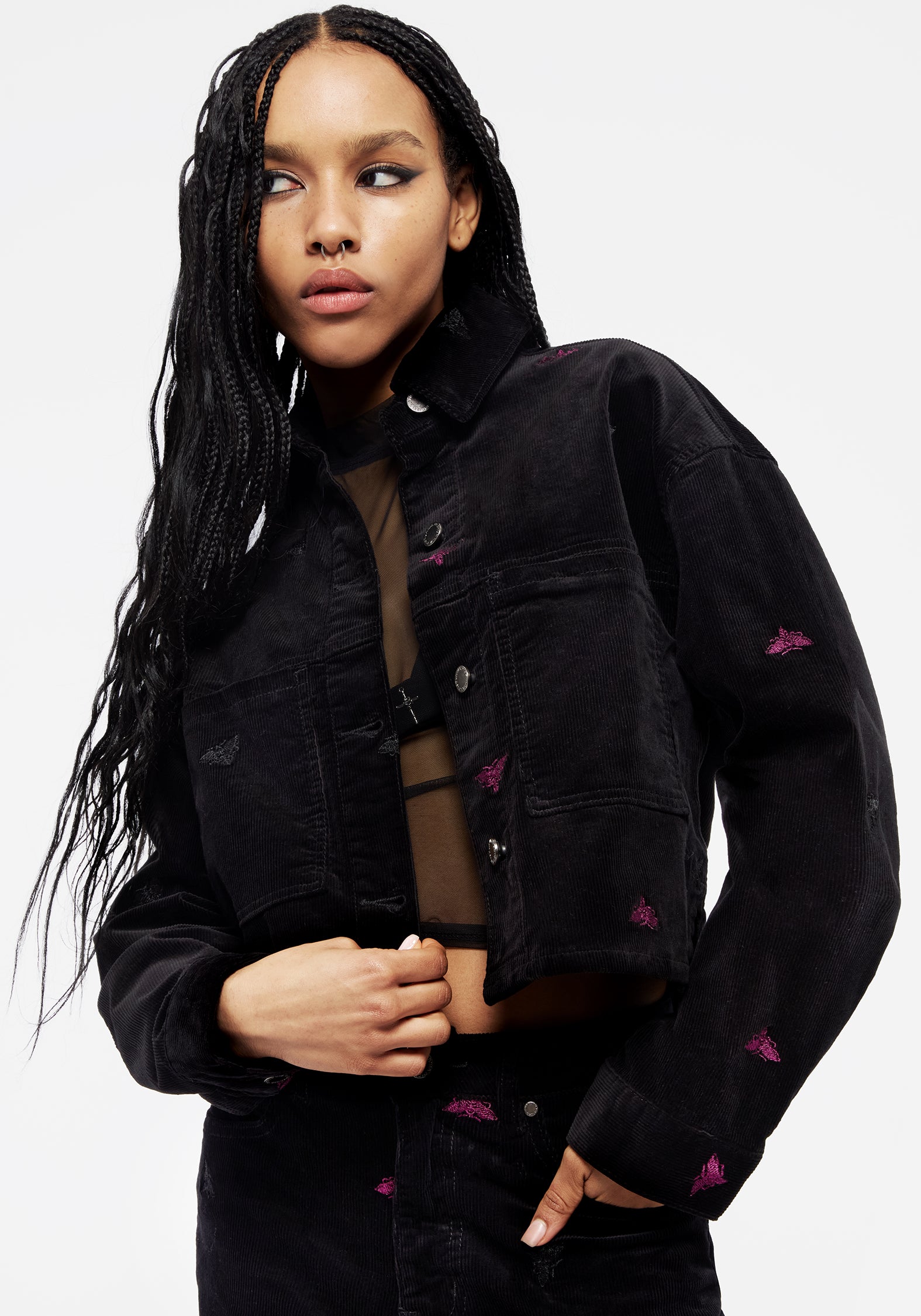 Disturbia | Styx Moth Embroidered Cord Shacket | Jackets