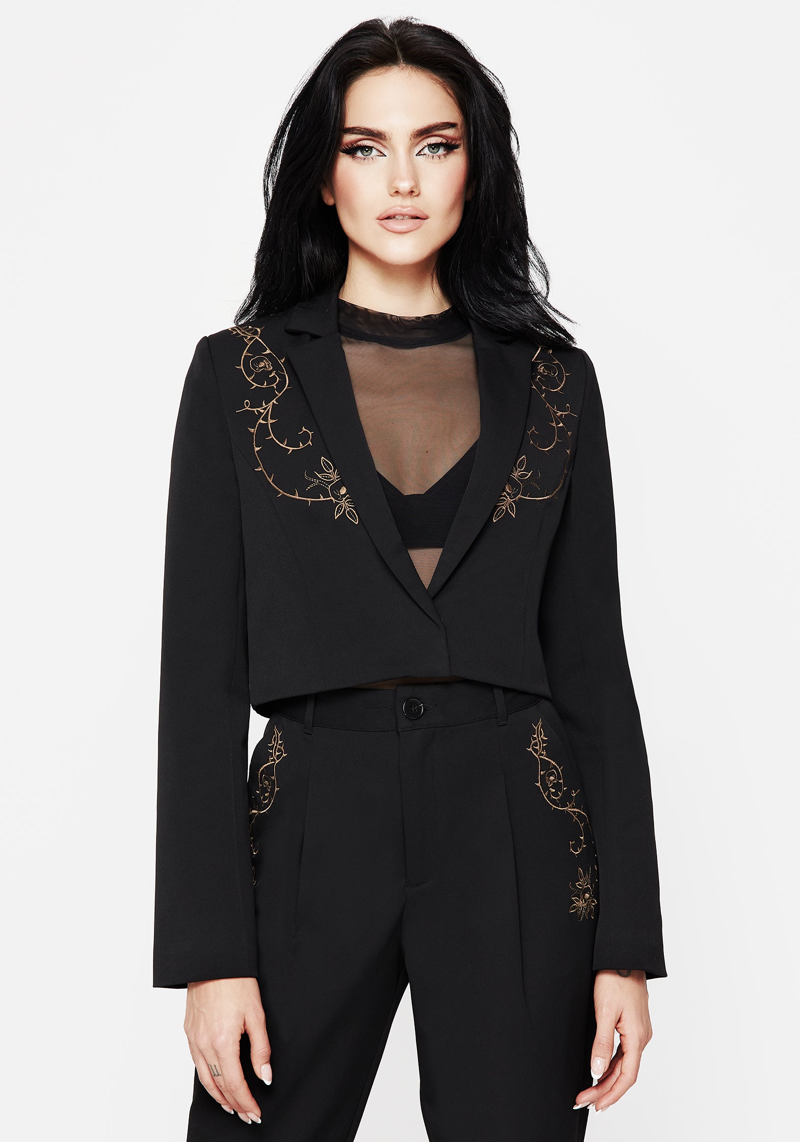 Disturbia | Vanitas Thorn Embroidered Crop Blazer | Jackets
