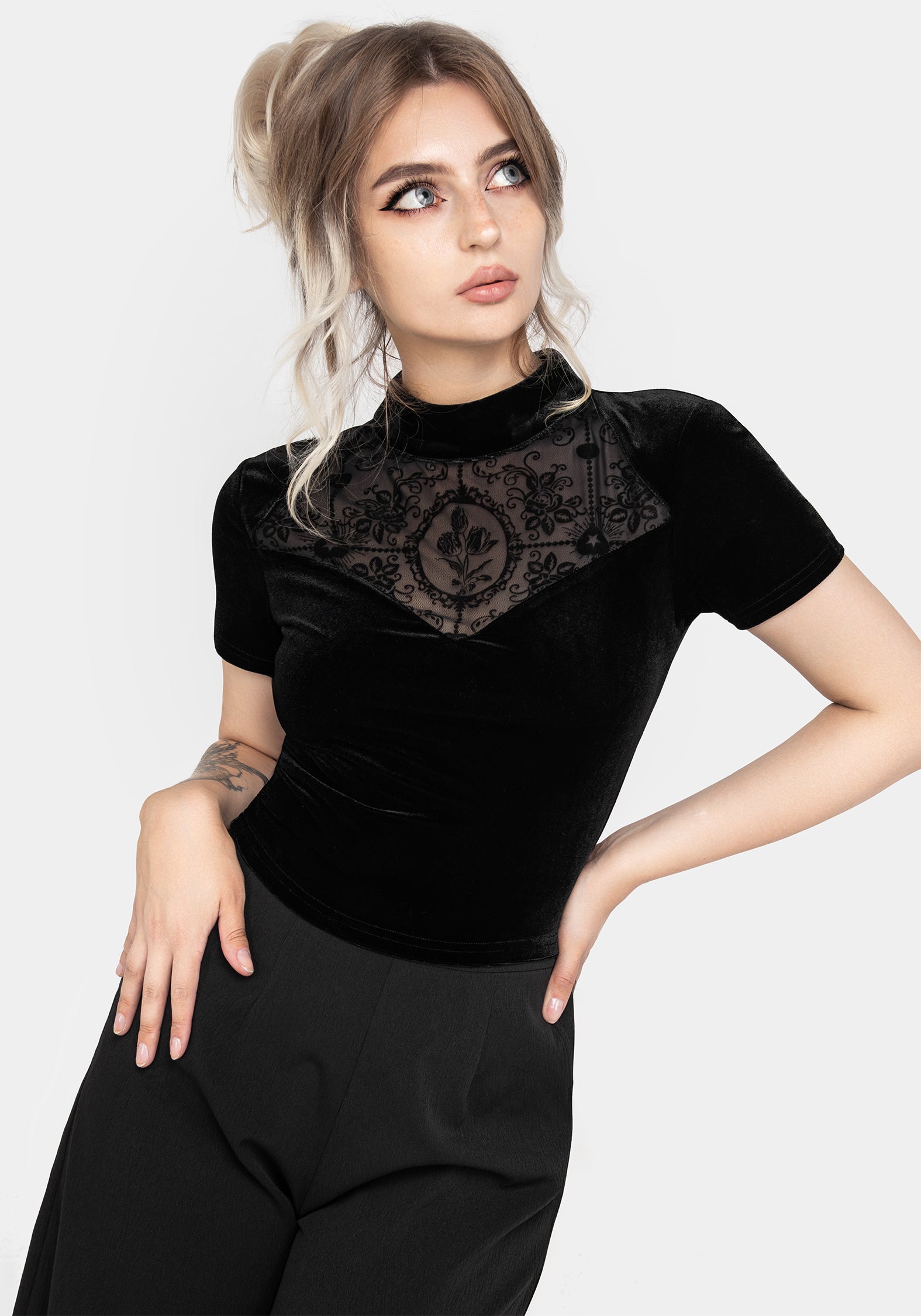 Disturbia | Cameo Floral Flocked Mesh Velour High Neck Top | Tops