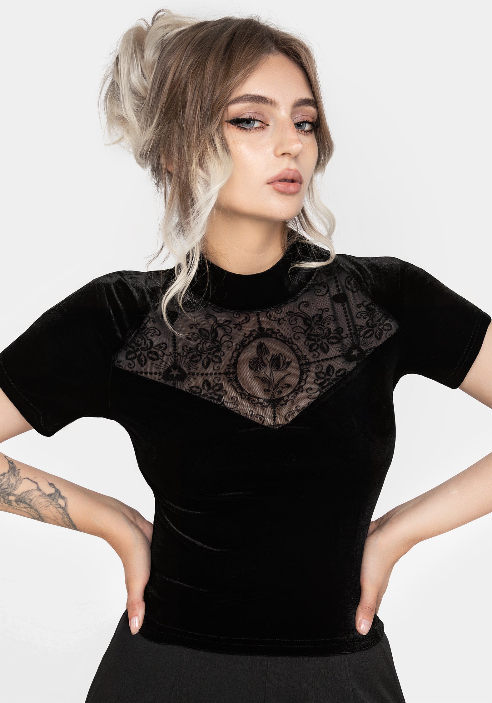 Disturbia | Cameo Floral Flocked Mesh Velour High Neck Top | Tops