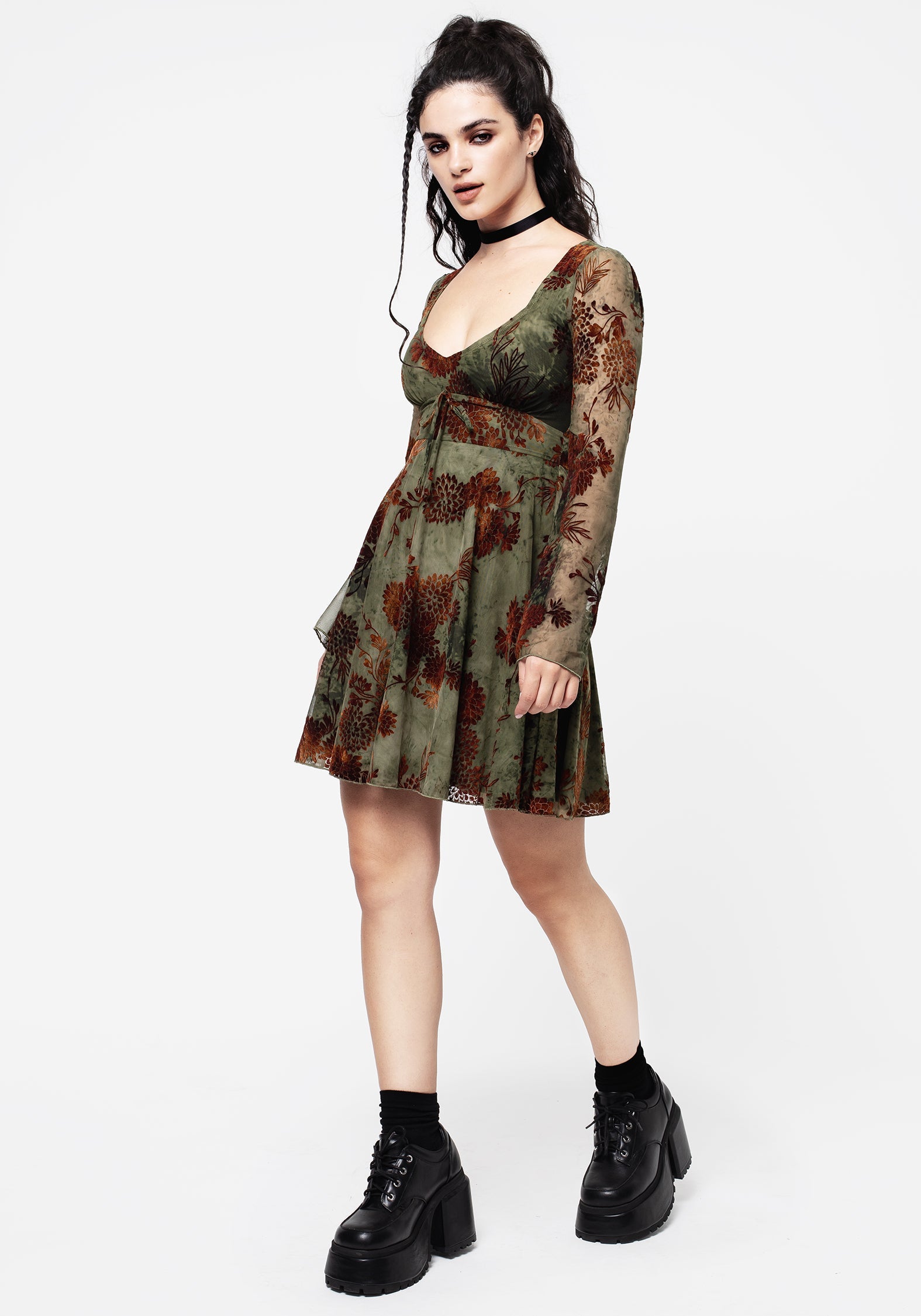 Disturbia | Rosaleigh Flock Velour Mesh Flare Sleeve Mini Dress | Dresses