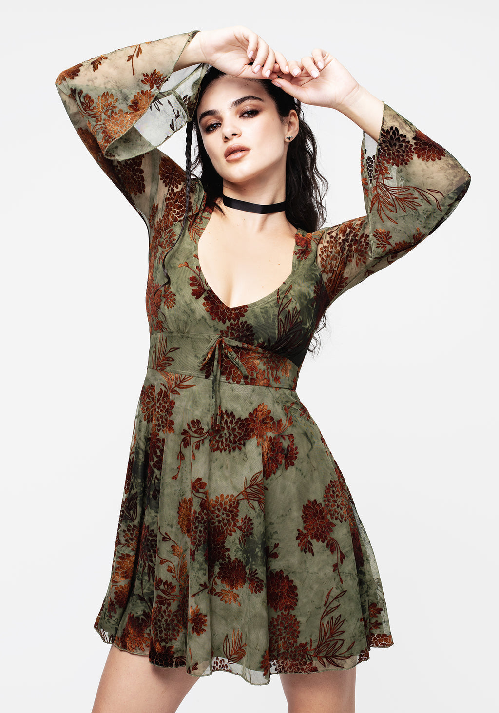 Disturbia | Rosaleigh Flock Velour Mesh Flare Sleeve Mini Dress | Dresses