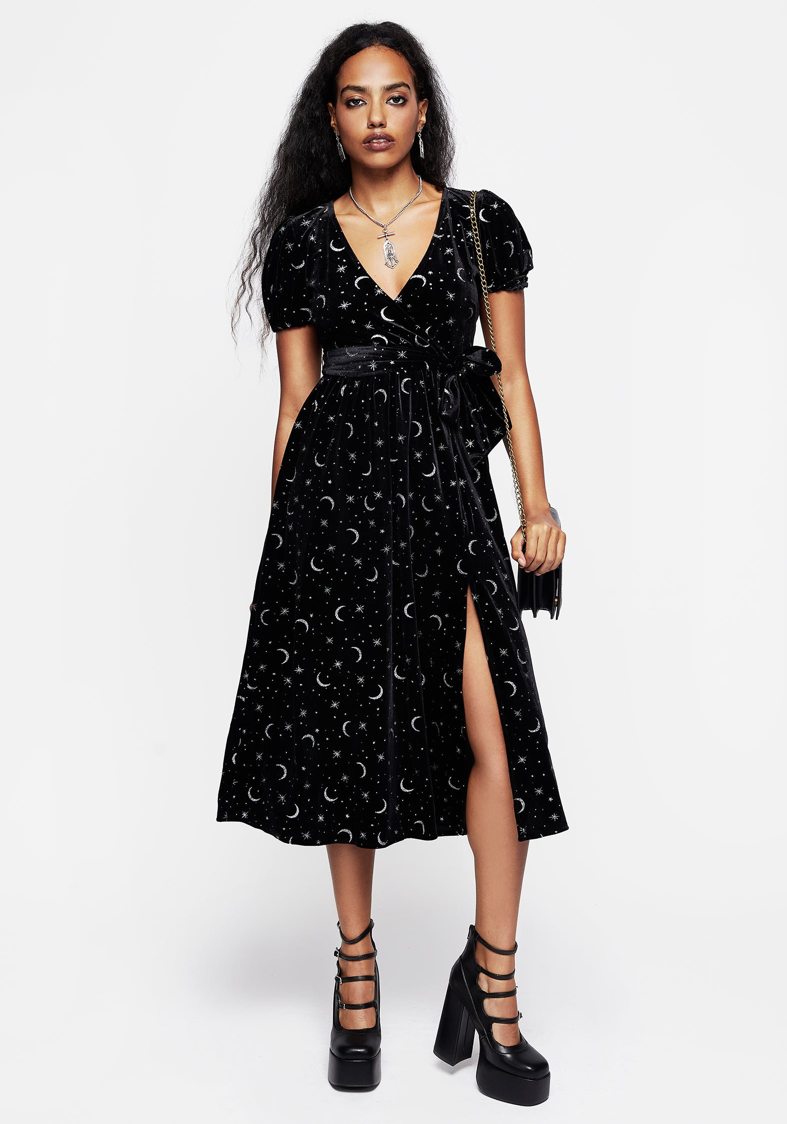 Disturbia | Constellation Glitter Print Velour Midi Wrap Dress | Dresses