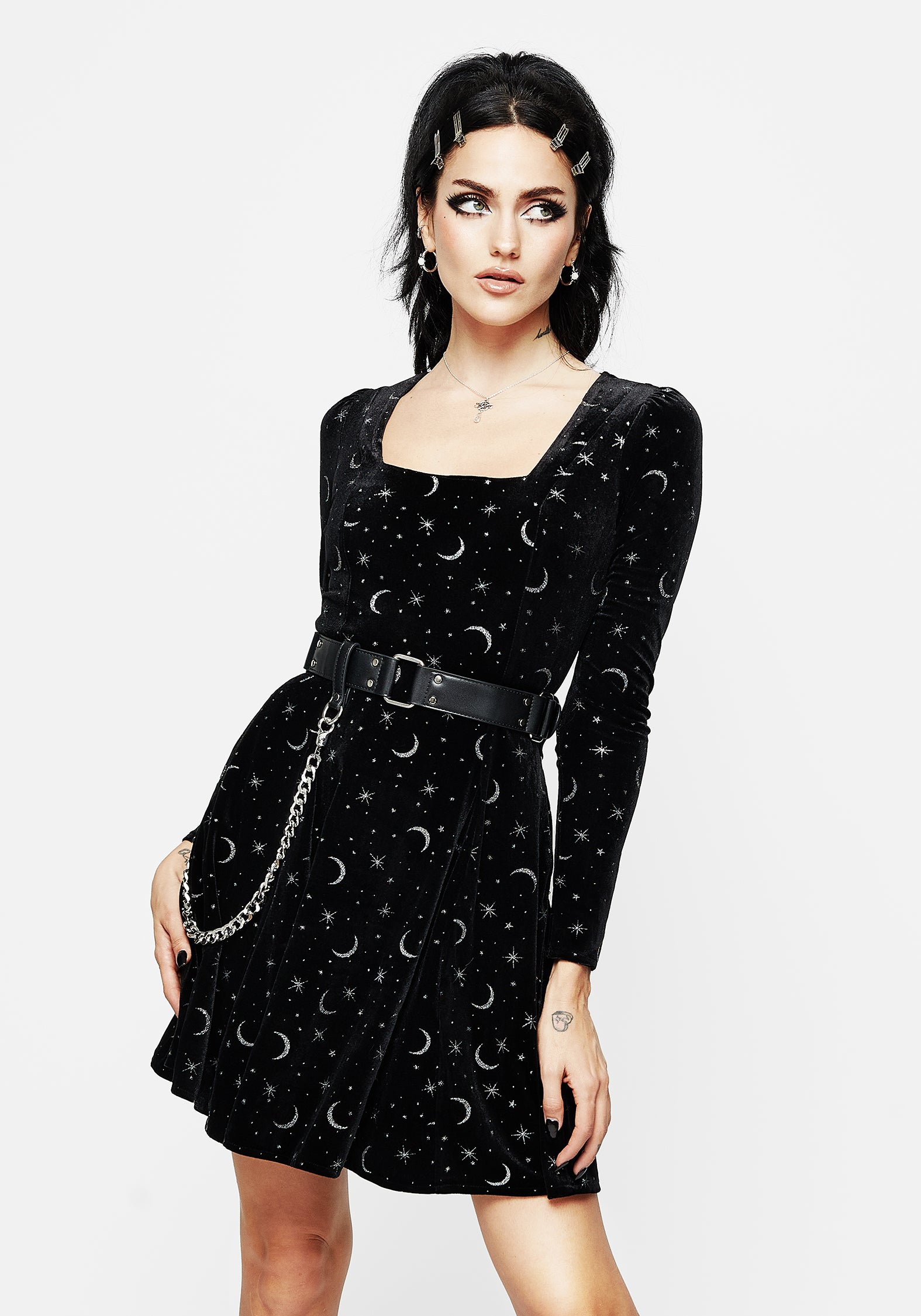 Disturbia | Constellation Glitter Print Velour Mini Dress | Dresses