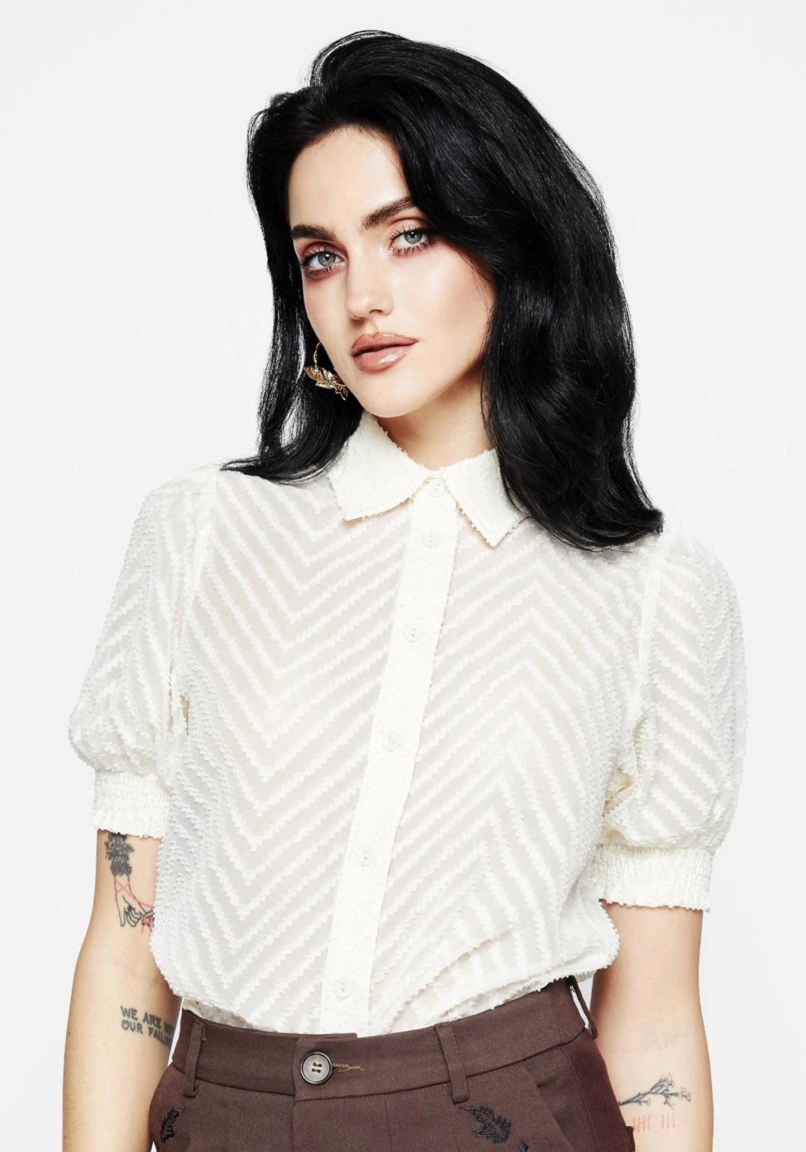 Disturbia | Chevron Button Up Blouse Top - White | Tops