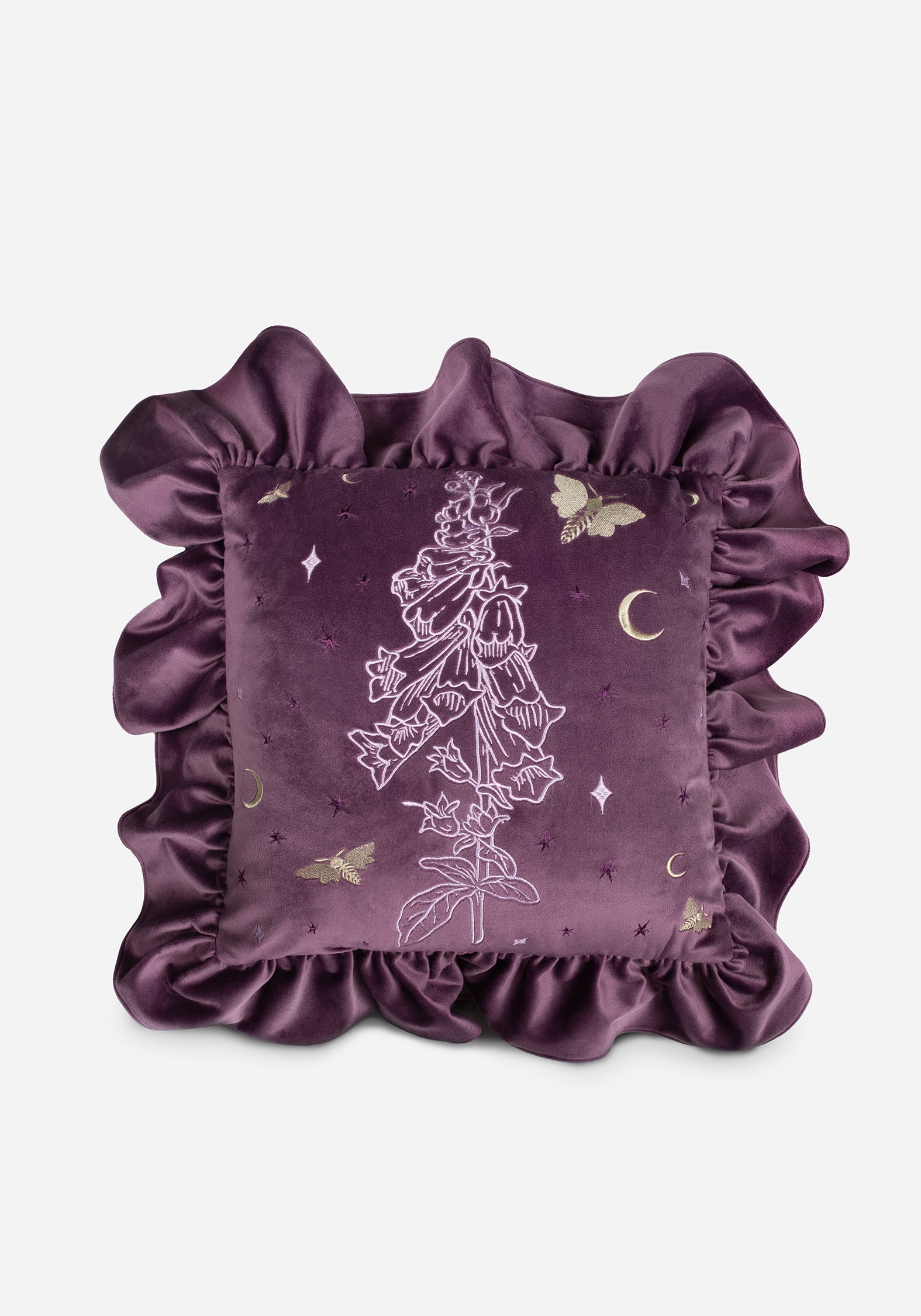 Disturbia | Foxglove Embroidered Velour Ruffle Cushion | Cushions