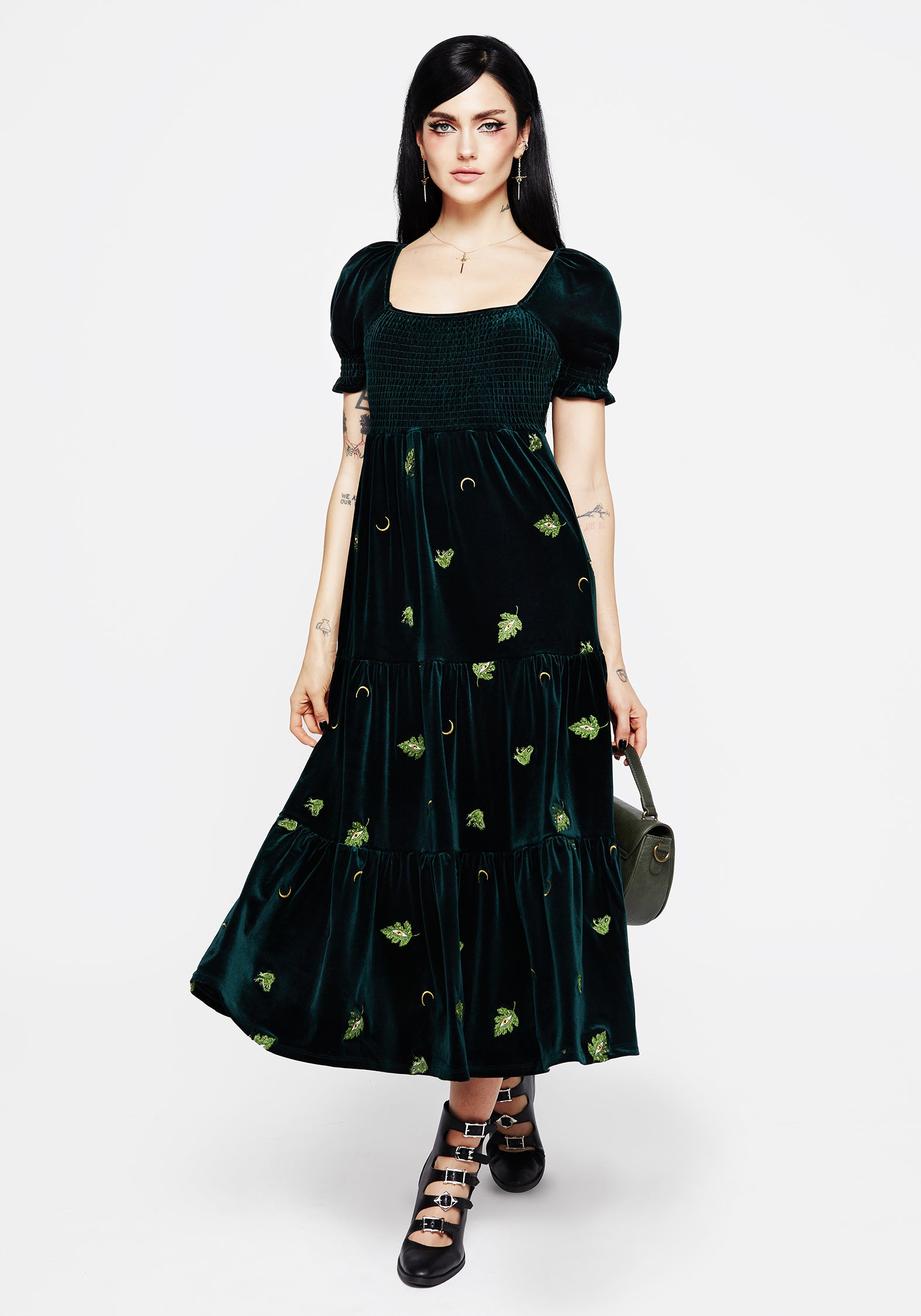 Disturbia | Swamplife Frog Embroidered Velour Tiered Midi Dress | Dresses
