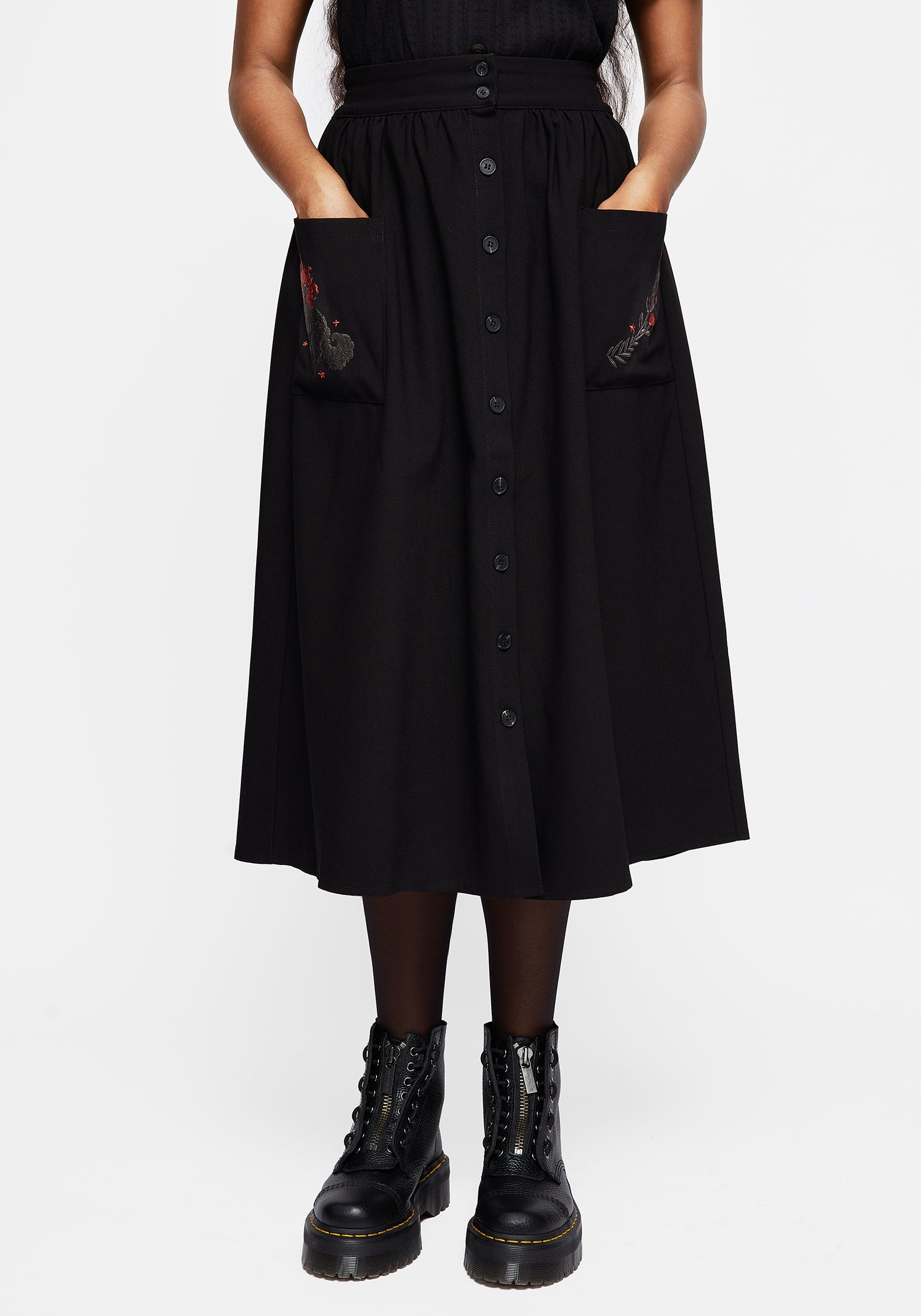 Disturbia | Foxfire Embroidered Button Up Midi Skirt | Skirts
