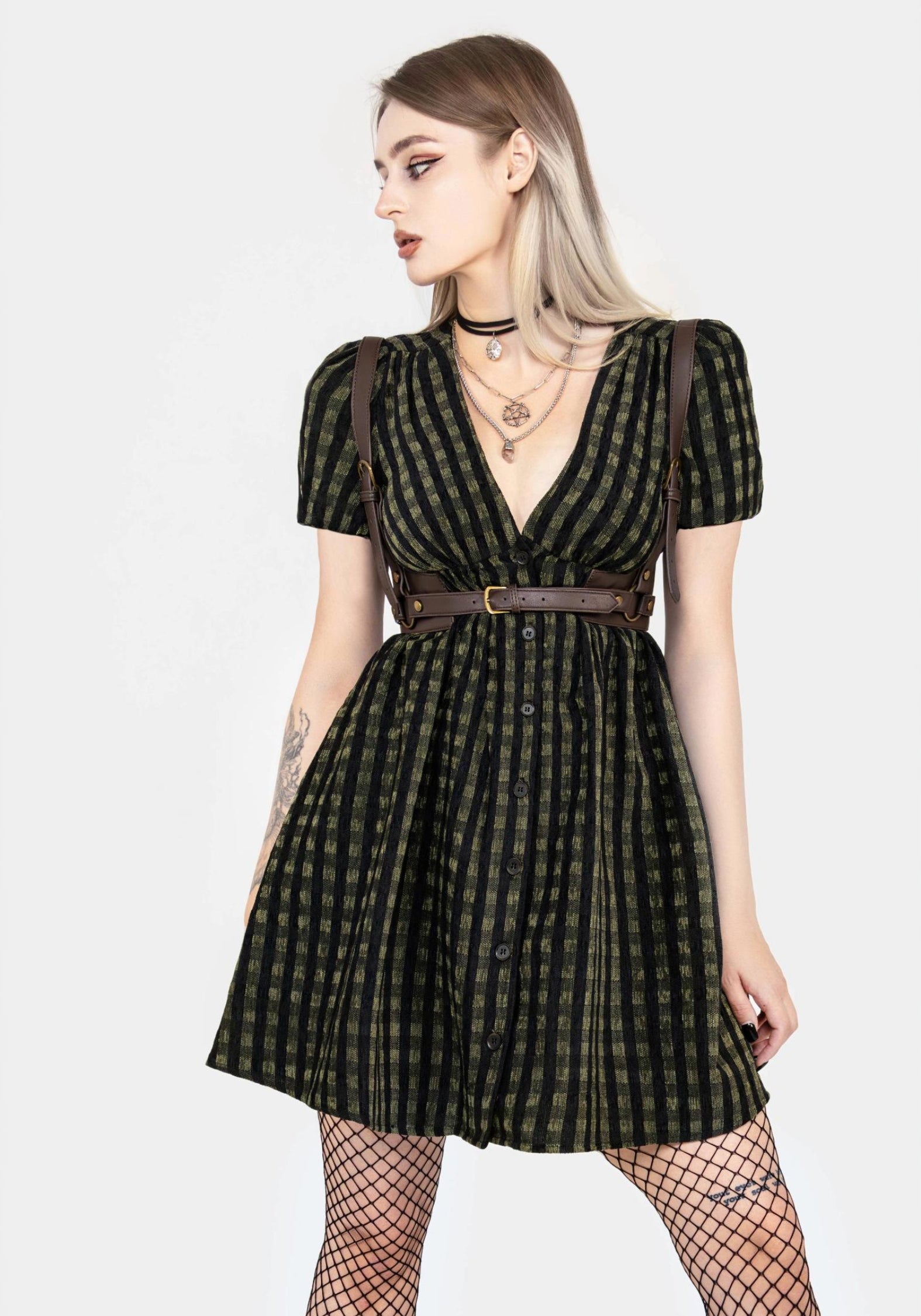Disturbia | Rydal Check Button Up Mini Dress - Green | Dresses