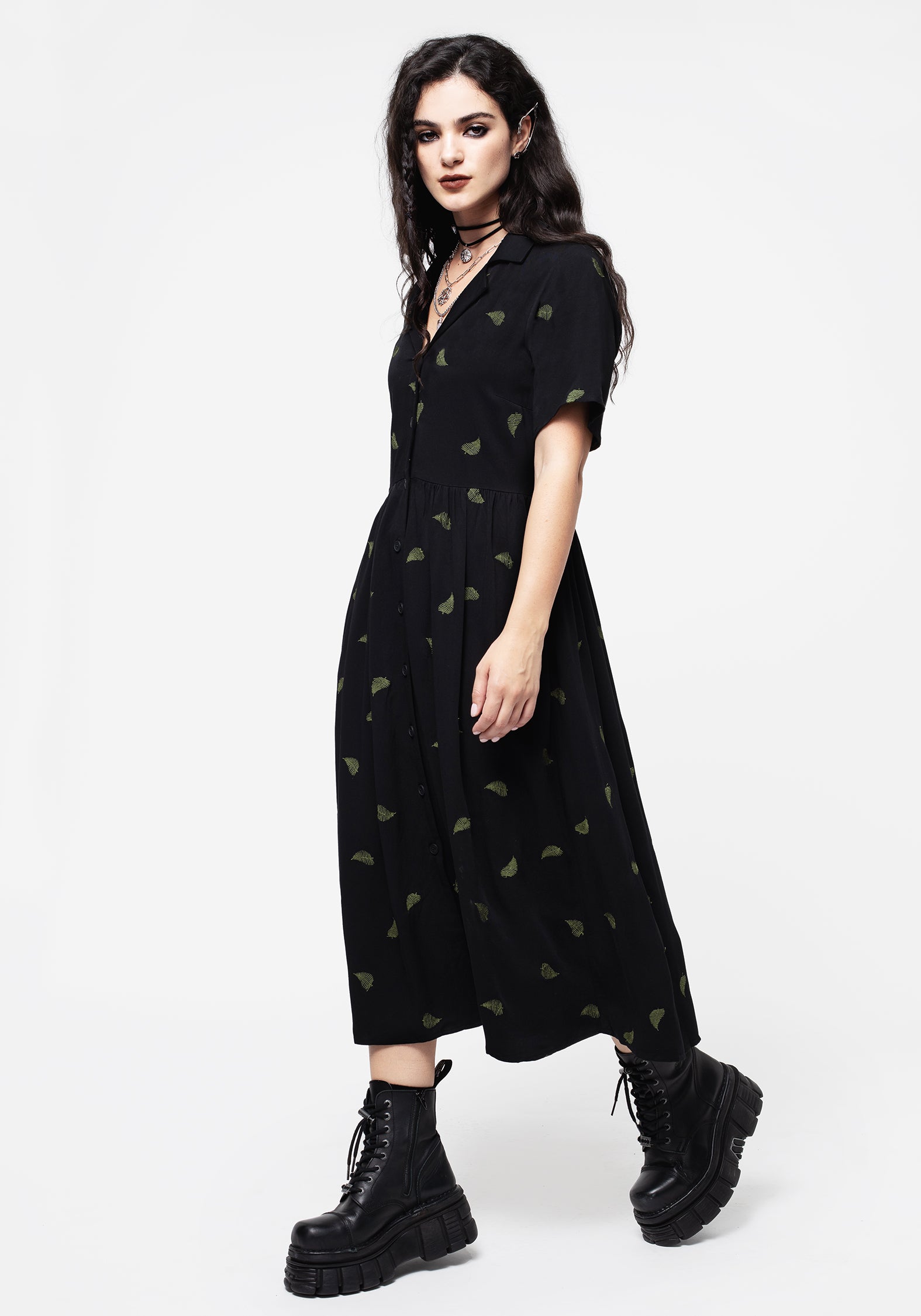 Disturbia | Osmunda Fern Embroidered Midi Shirt Dress | Dresses