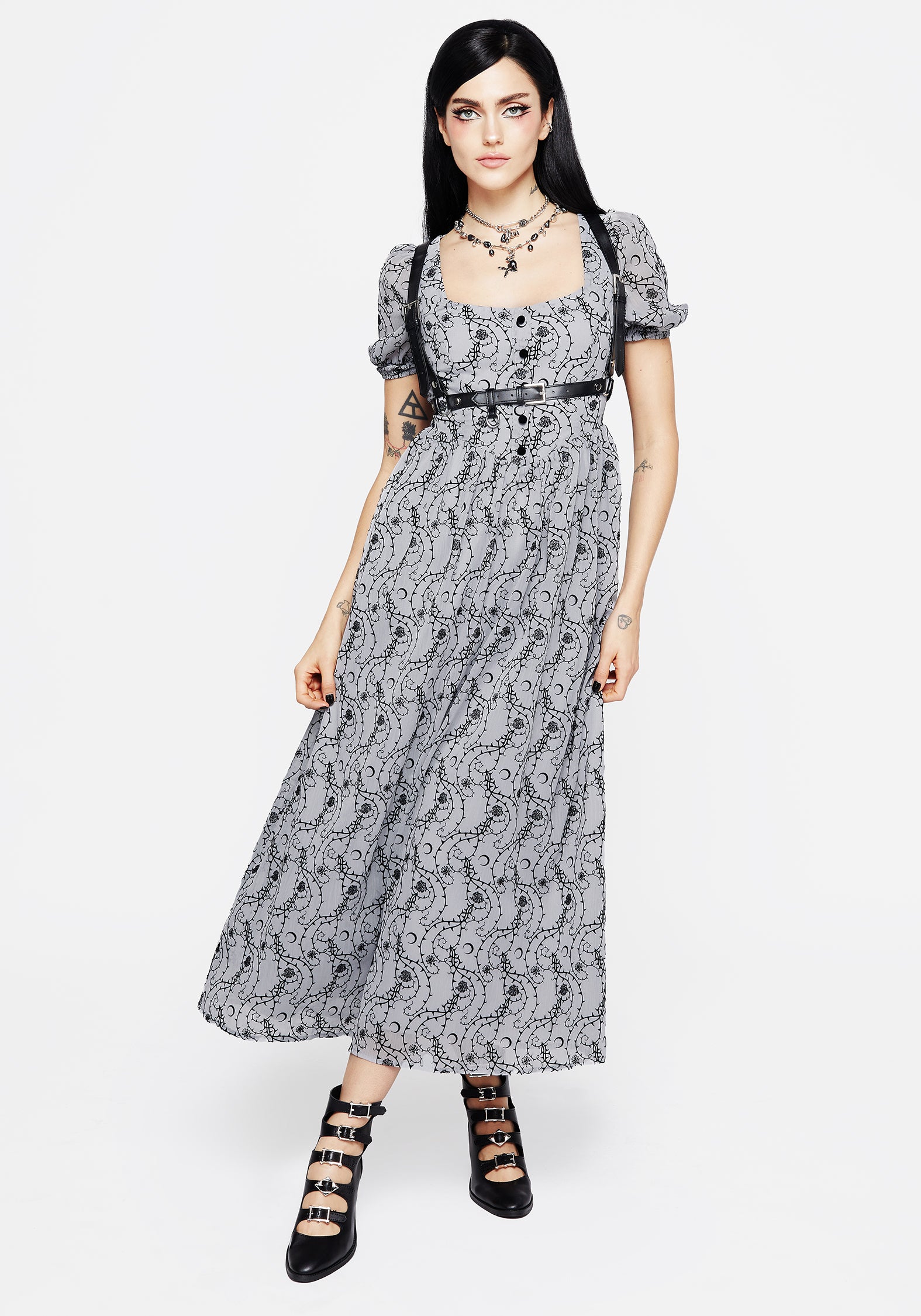 Disturbia | Rosethorn Flocked Velour Puff Sleeve Midaxi Dress - Blue ...