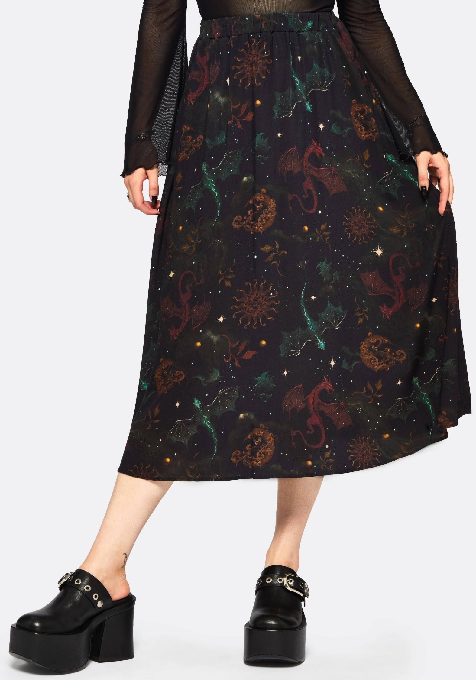 Phoenix Dragon Printed Pleated Midi Skirt – Disturbia