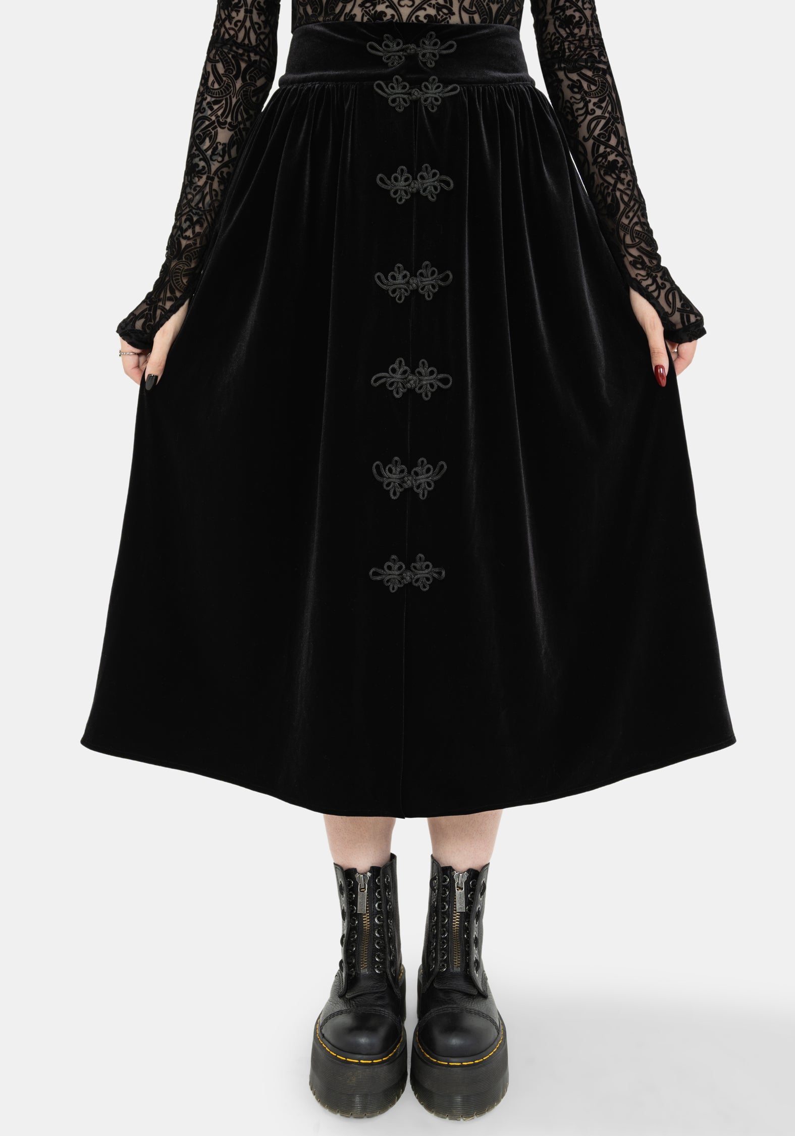 Nova Velour Frog Closure Midi Skirt – Disturbia