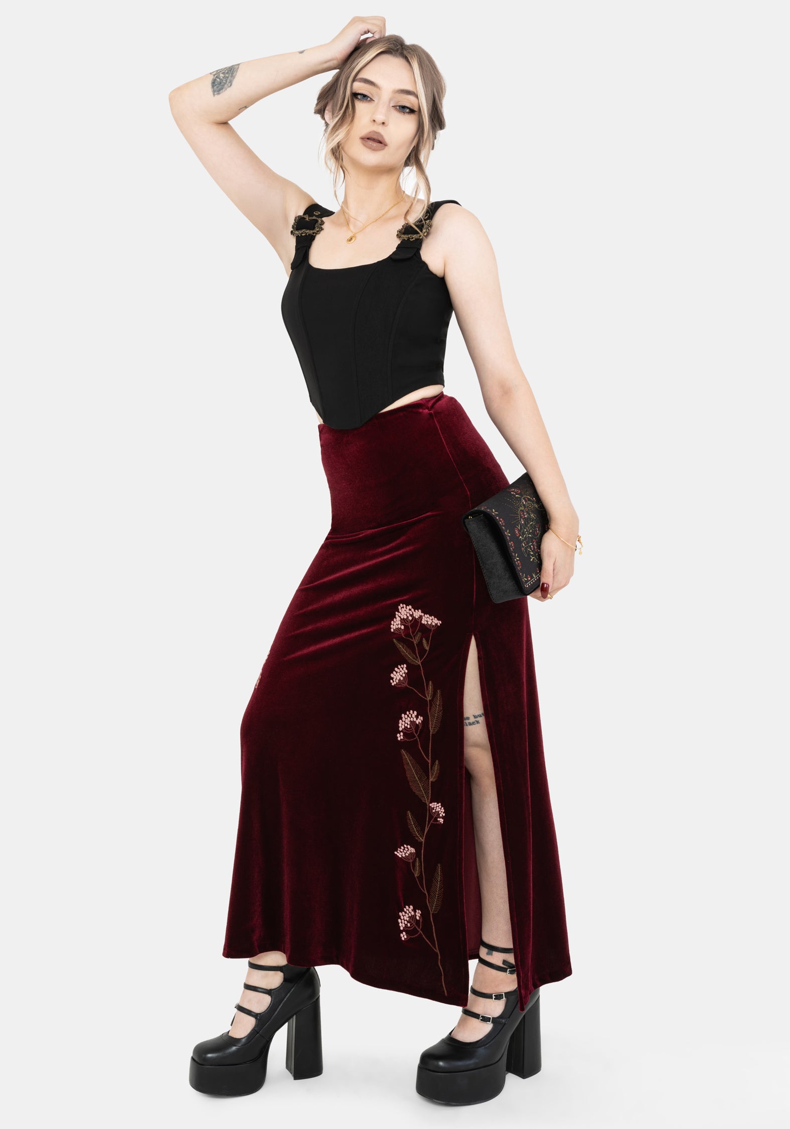 Virosa Floral Embroidered Velour Maxi Skirt – Disturbia