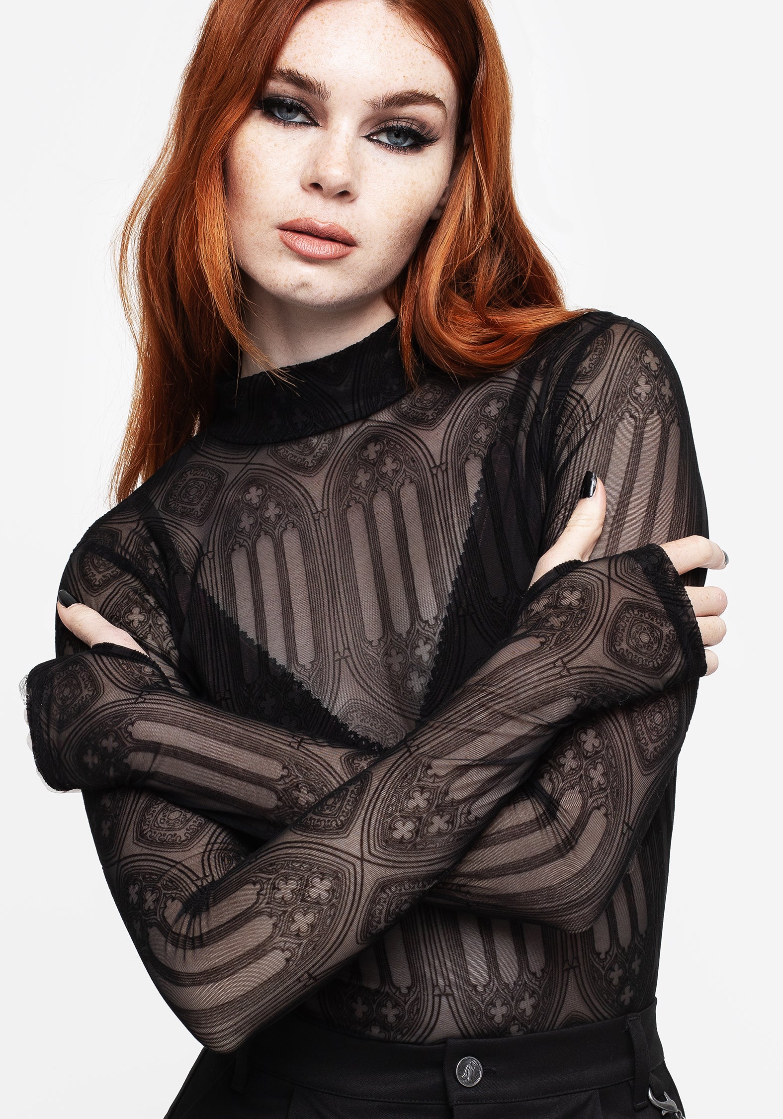 Disturbia | Cloister Flocked Mesh High Neck Long Sleeve Top | Tops