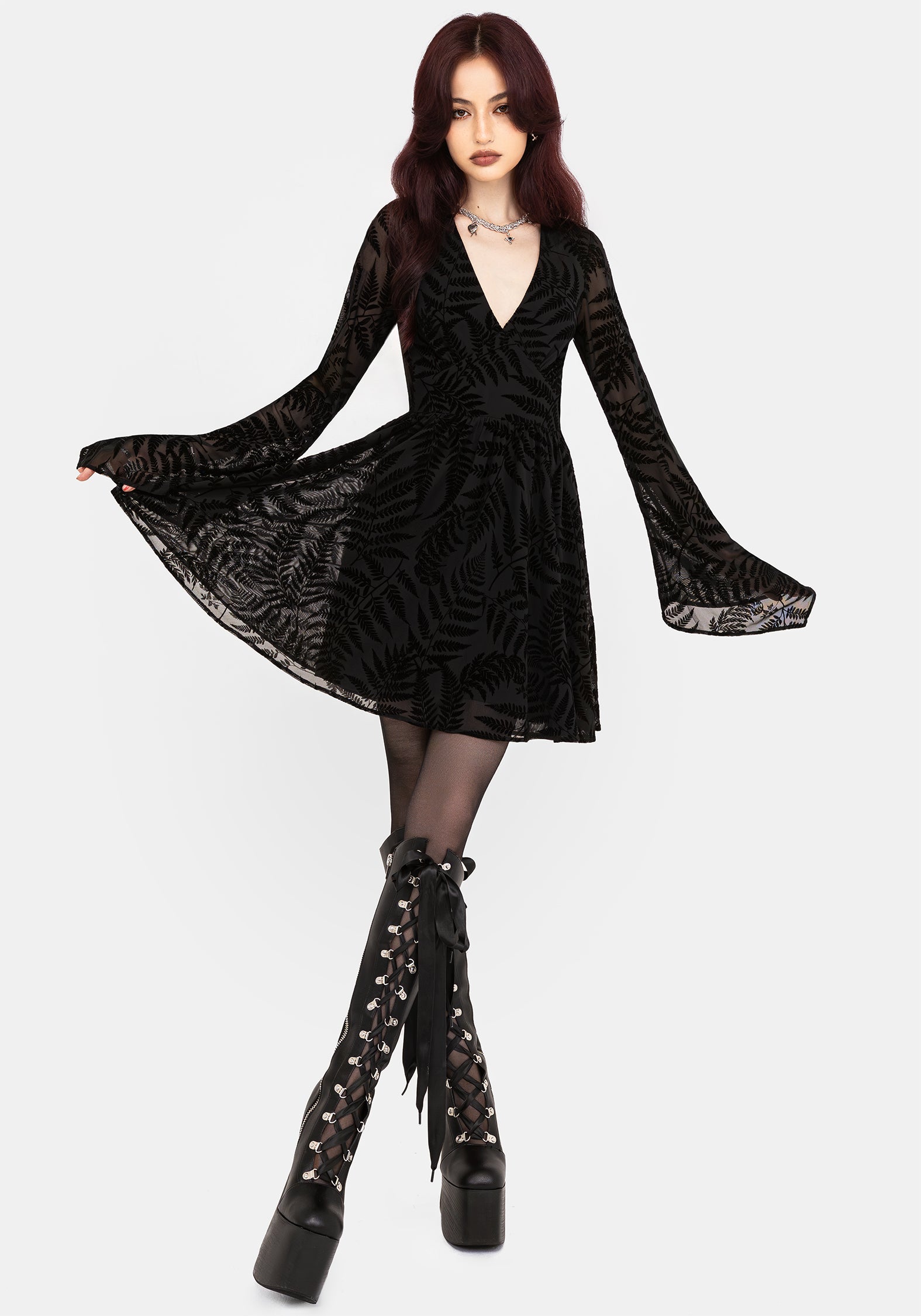 Lunafern Fern Leaf Flocked Mesh Flute Sleeve Mini Dress – Disturbia
