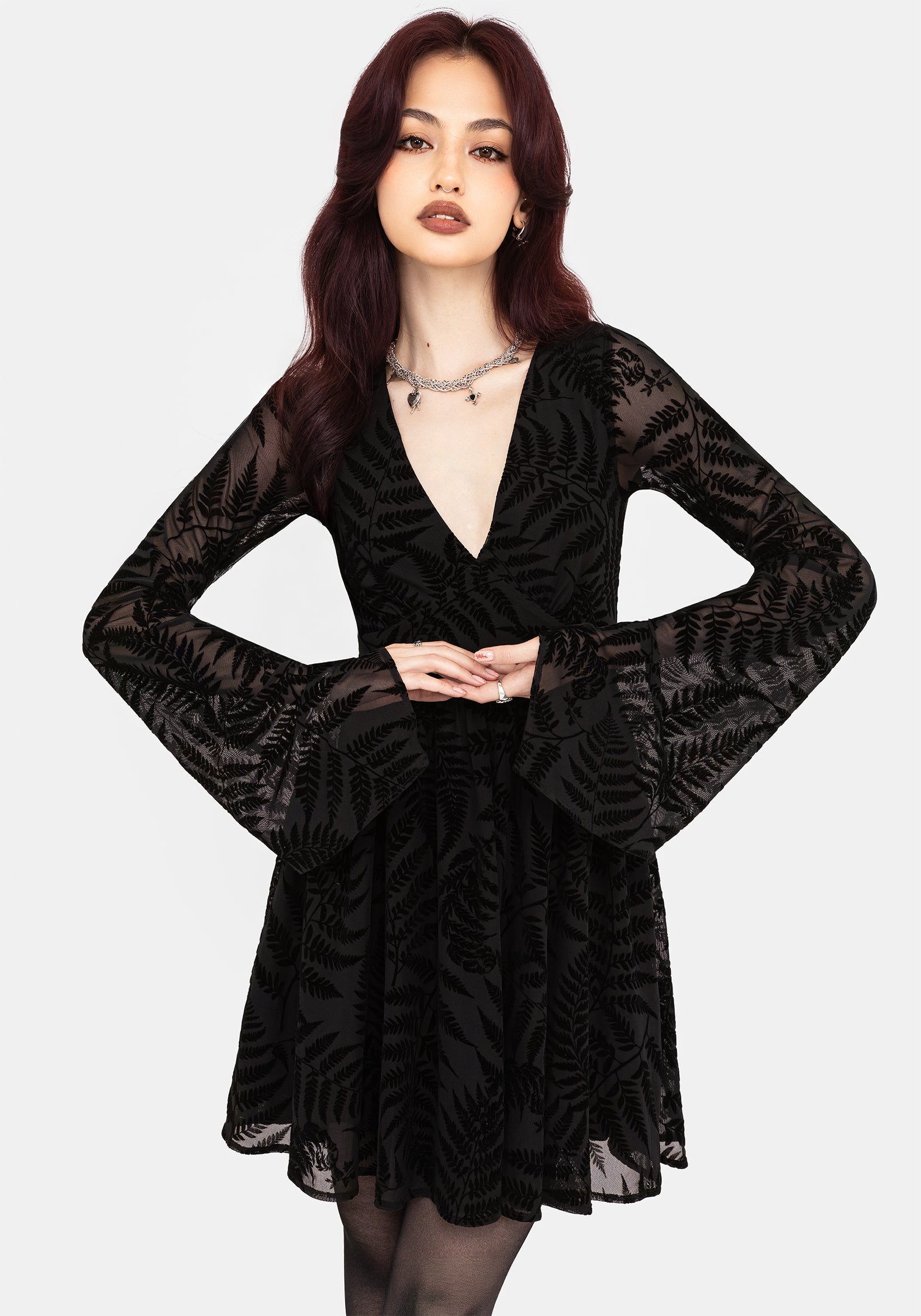 Lunafern Fern Leaf Flocked Mesh Flute Sleeve Mini Dress – Disturbia