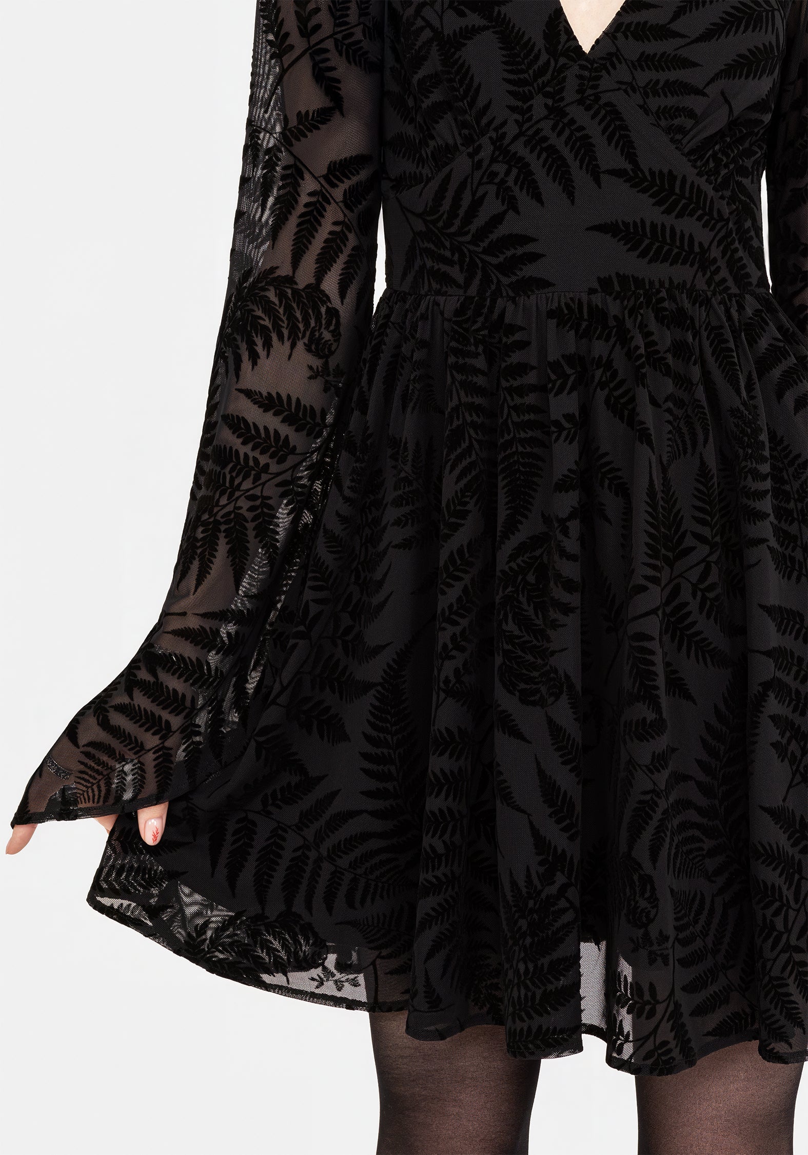Lunafern Fern Leaf Flocked Mesh Flute Sleeve Mini Dress – Disturbia