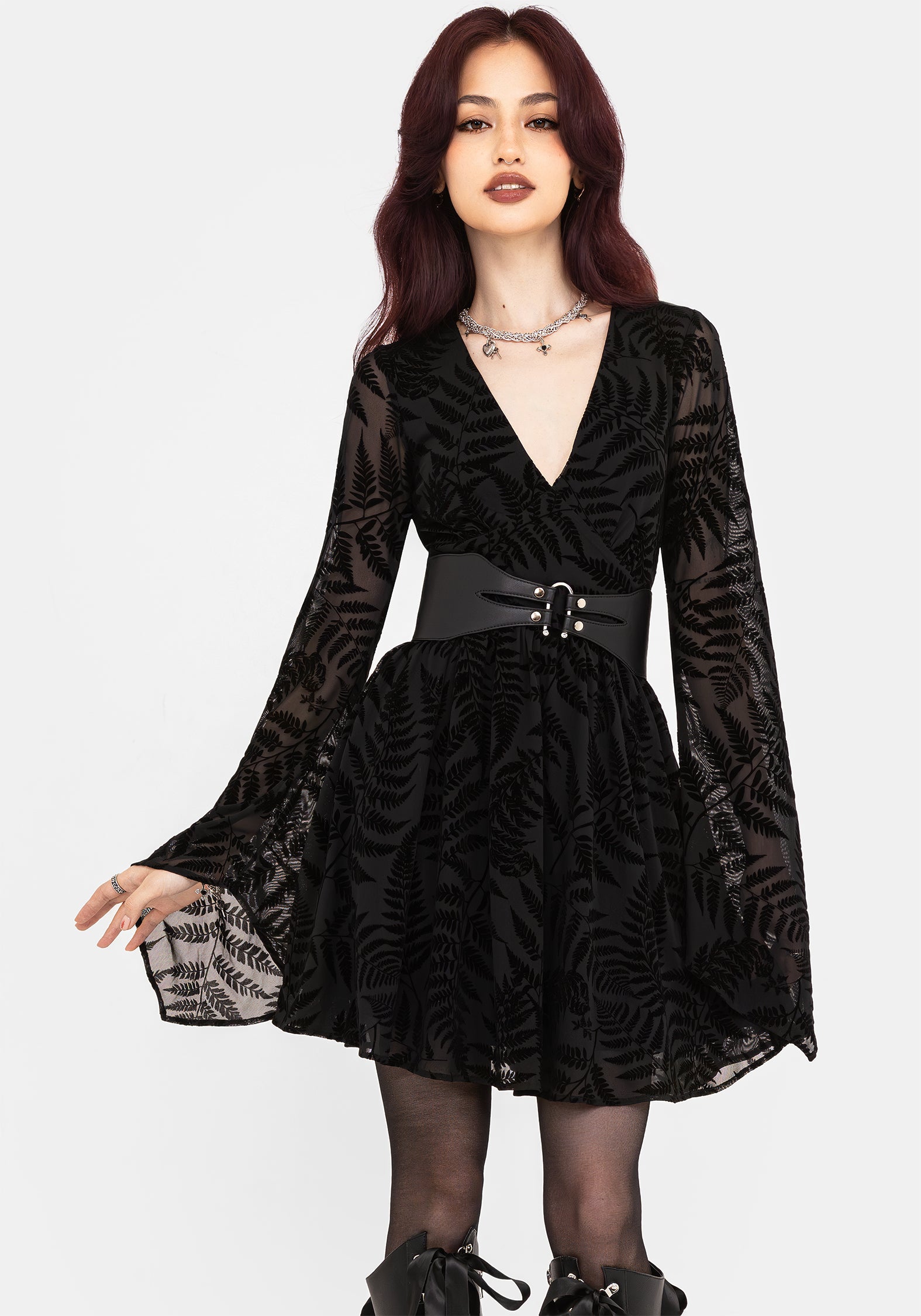 Lunafern Fern Leaf Flocked Mesh Flute Sleeve Mini Dress – Disturbia