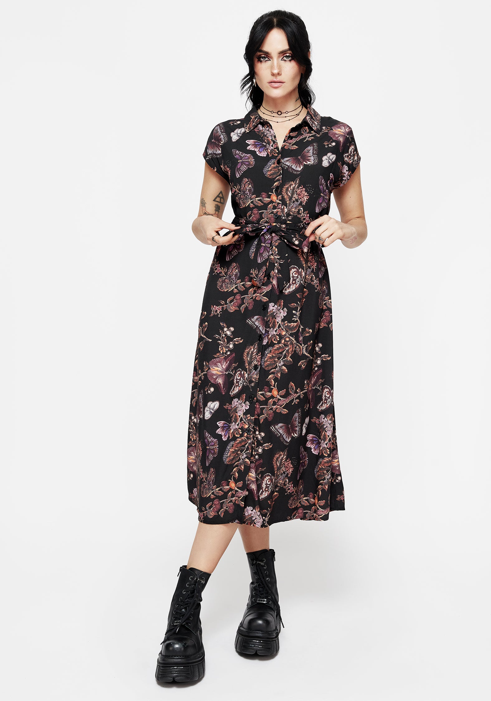 Eloise Floral Butterfly Print Button Up Midi Dress – Disturbia