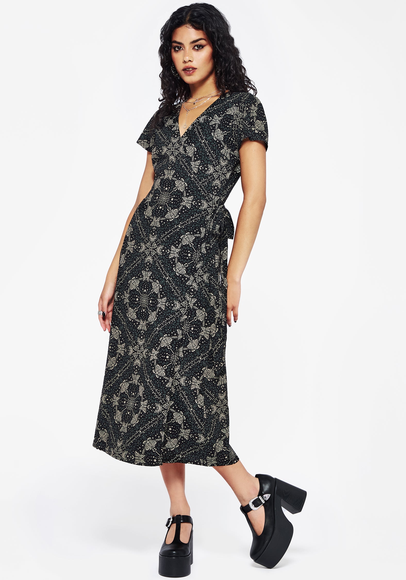 Poem Moth Print Wrap Midi Dress – Disturbia
