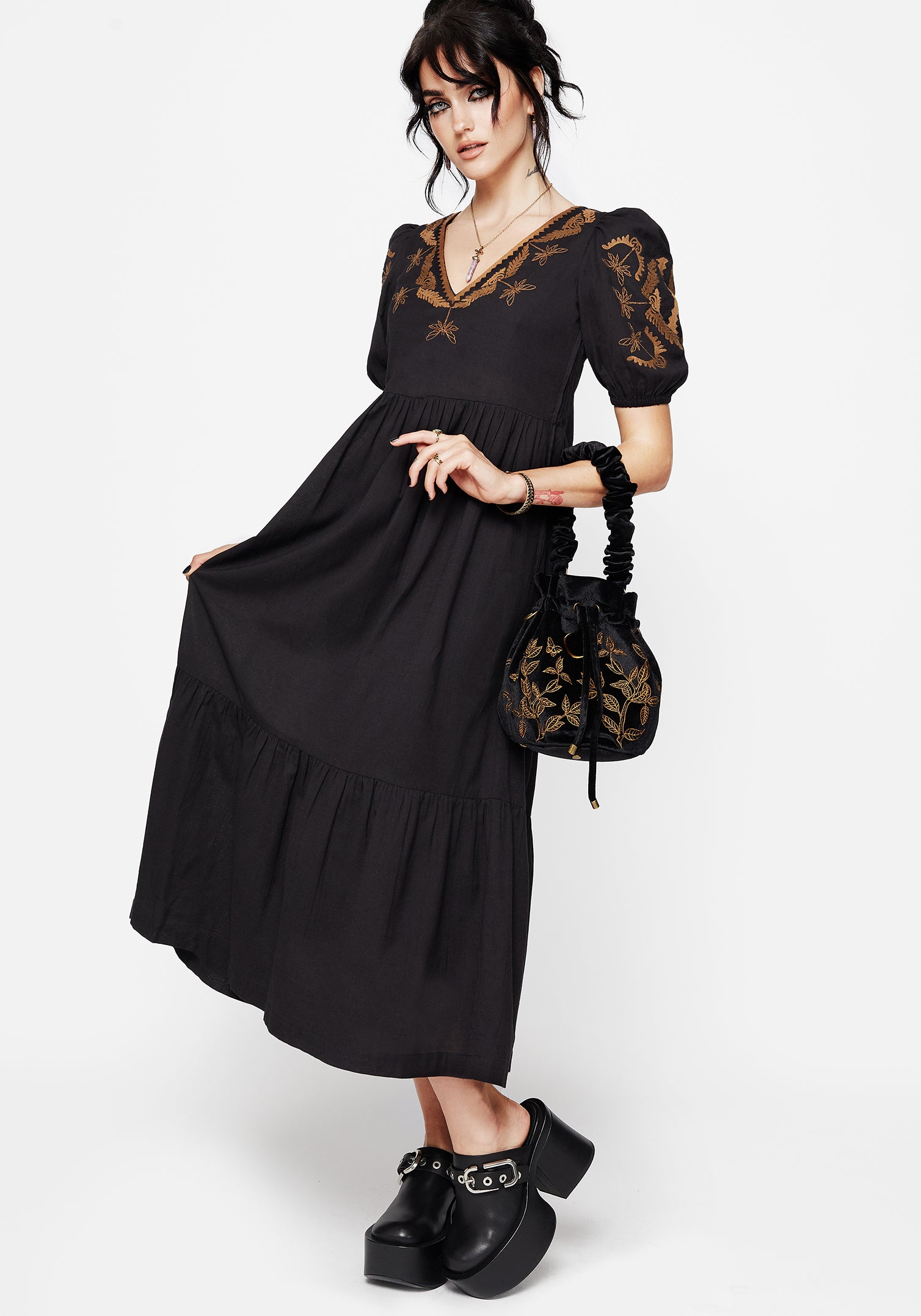 Emberflit Cotton Blend Moth Embroidered Smock Maxi Dress – Disturbia