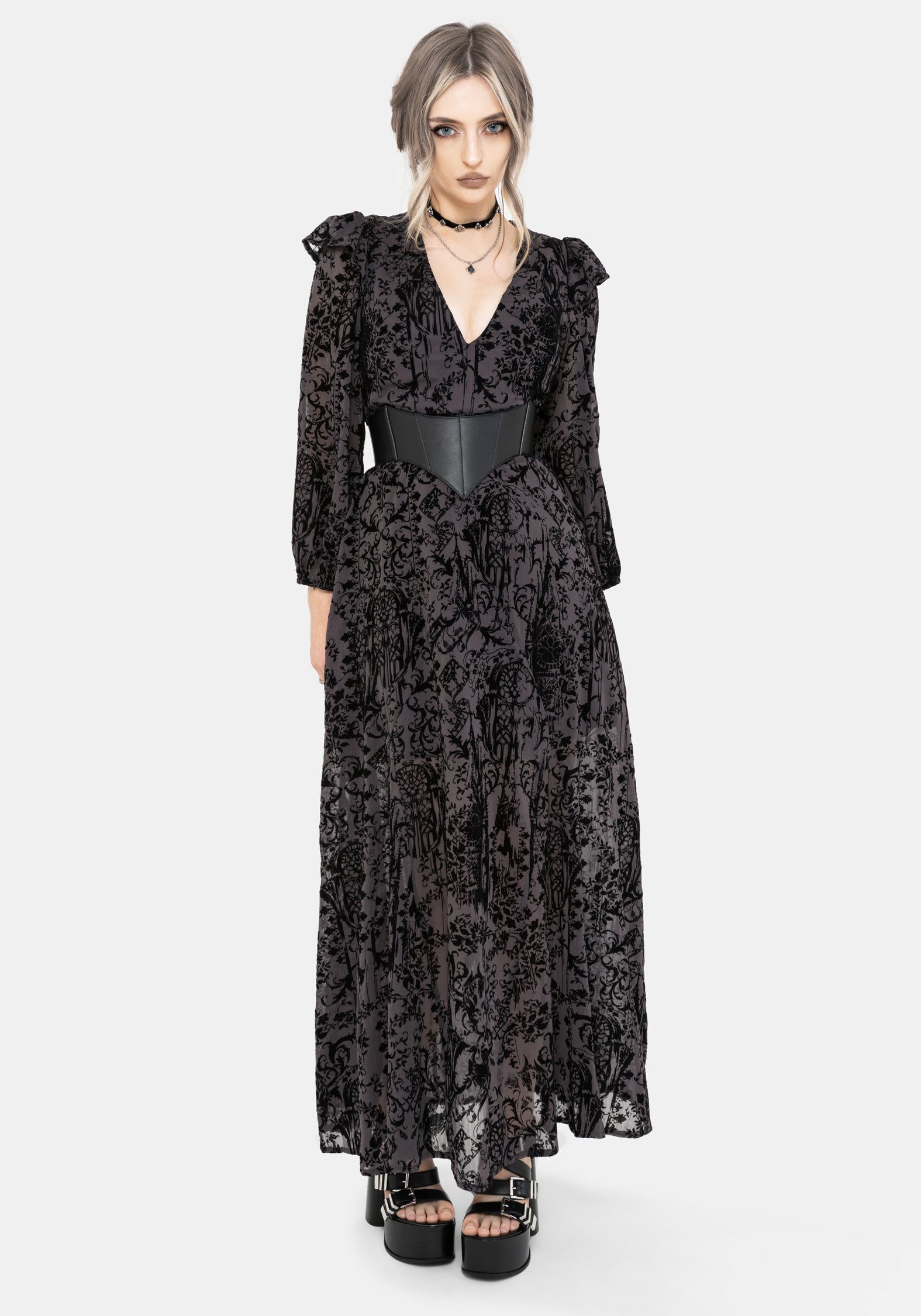 Thorned Flocked Chiffon Castle Print Frill Neck Maxi Dress – Disturbia