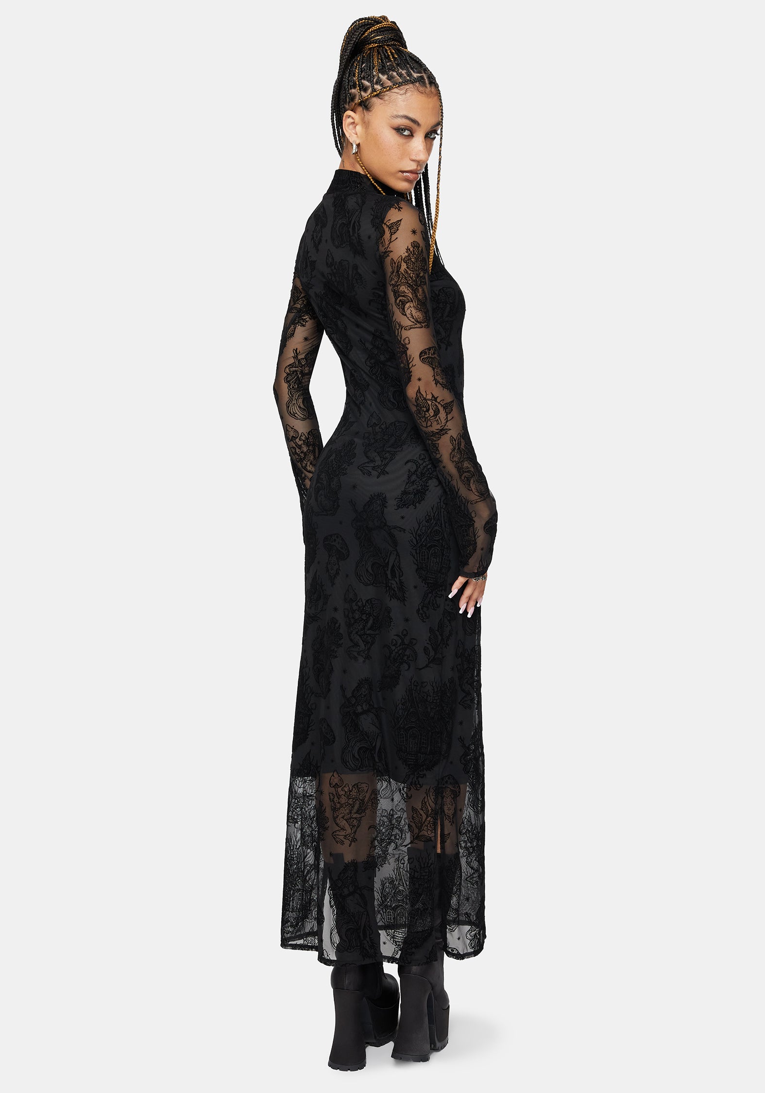 Hexborn Baba Yaga High Neck Flocked Long Sleeve Mesh Maxi Dress – Disturbia