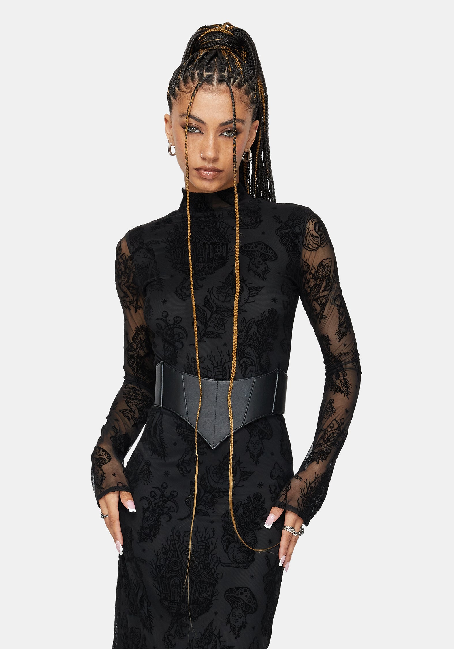 Hexborn Baba Yaga High Neck Flocked Long Sleeve Mesh Maxi Dress – Disturbia